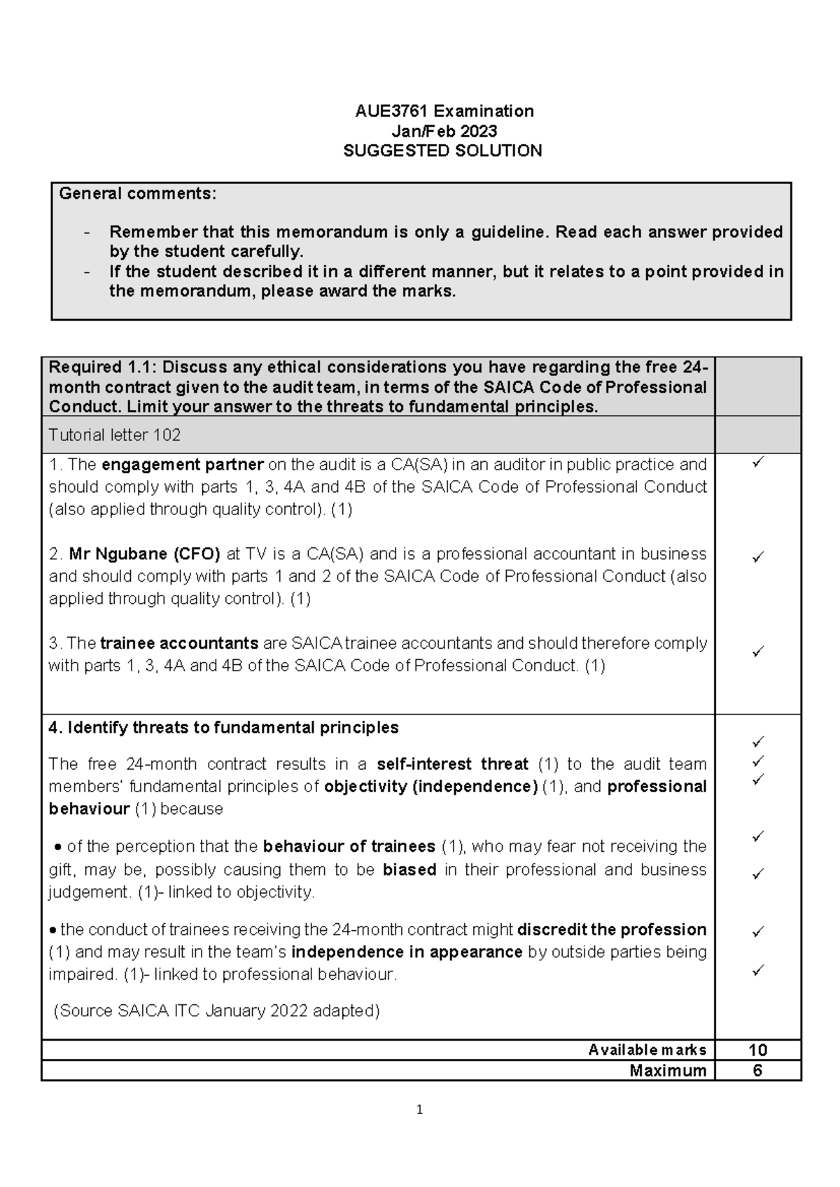 6. AUE3761 2023 Jan Feb Solution - AUE3761 Examination Jan/Feb 2023 ...