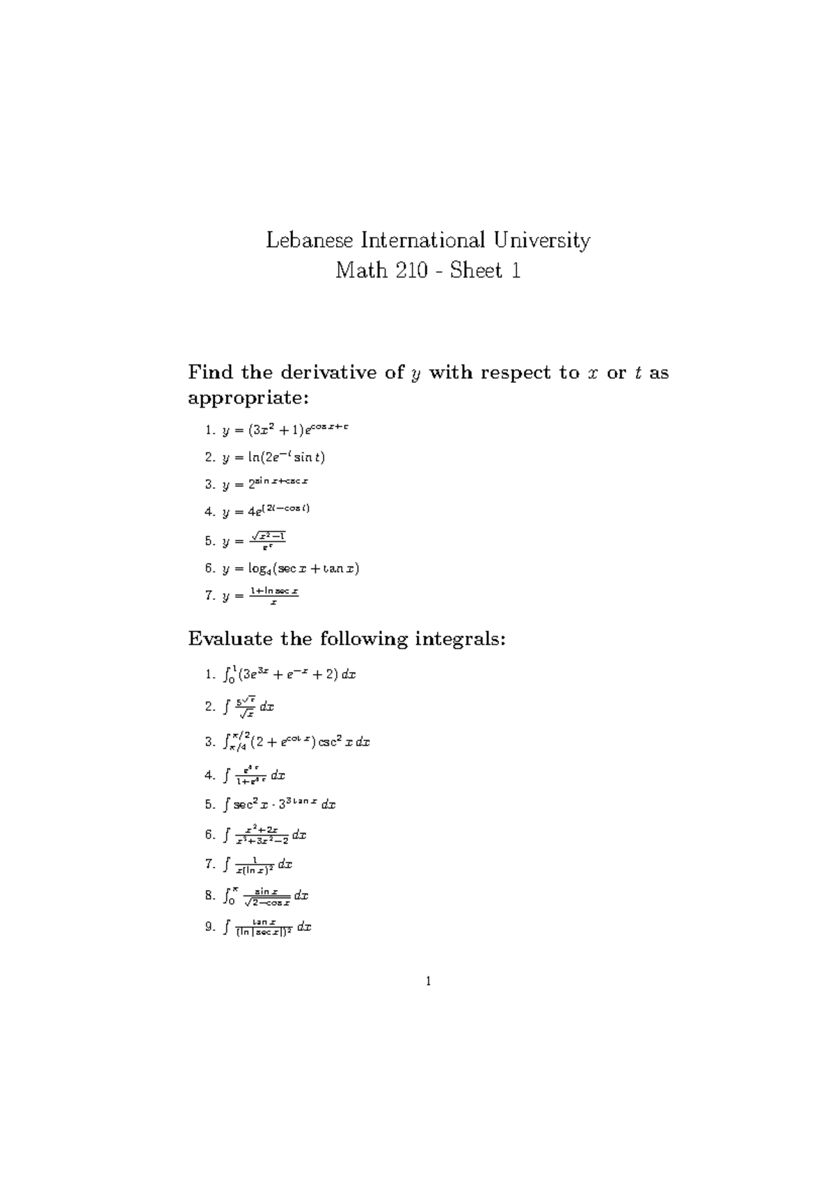 Sheet 1 - Lebanese International University Math 210 - Sheet 1 Find the ...