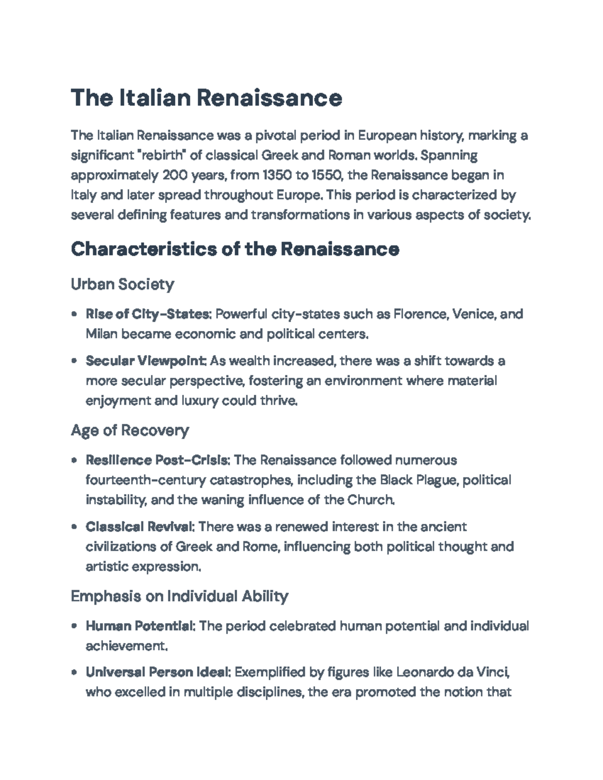 HIST101: The Italian Renaissance's Key Features & Cultural Impact - Studocu