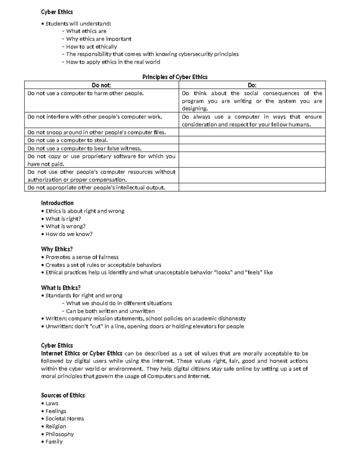 Cyber Ethics Digital Literacy - Cyber Ethics Students will understand ...