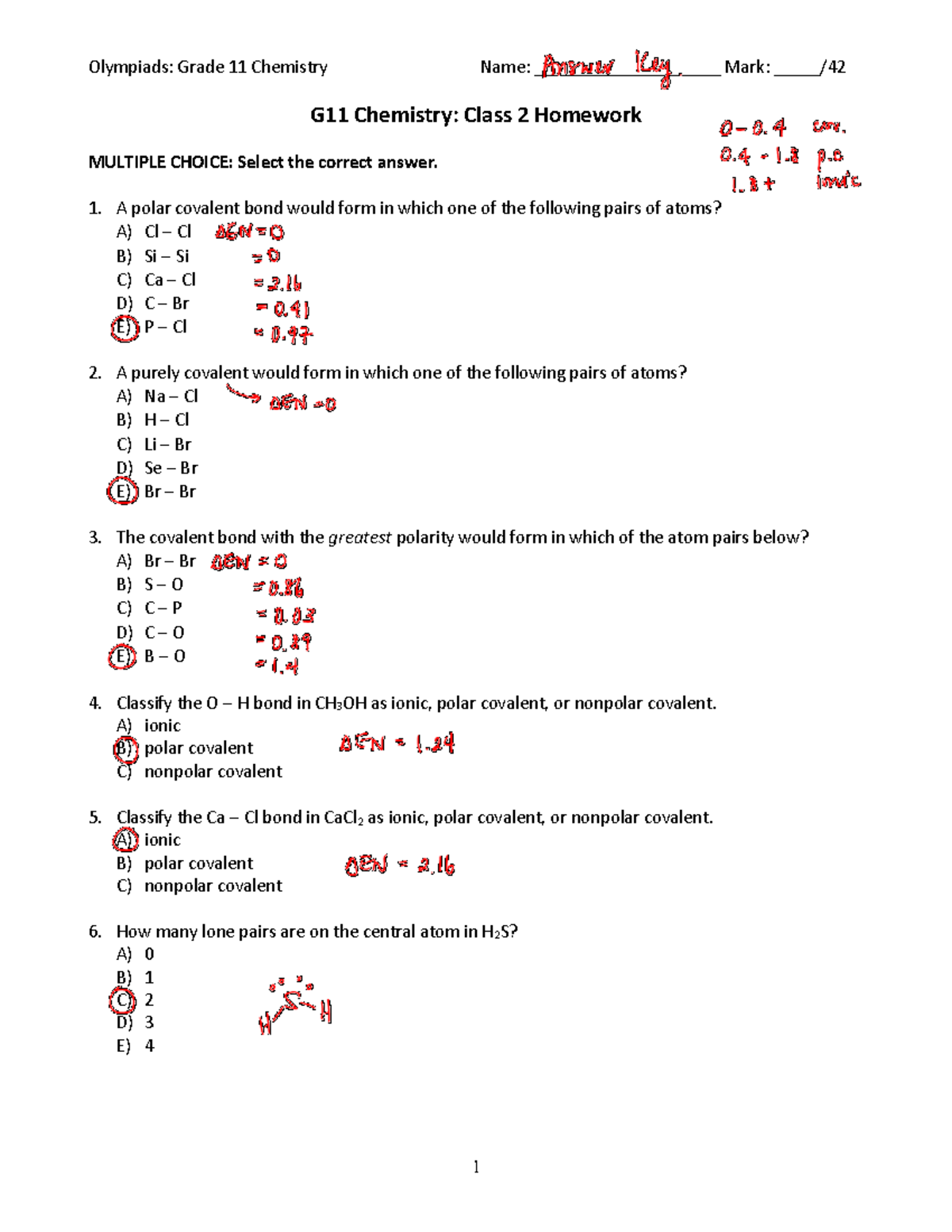 G11 Chemistry: Class 2 Homework - Olympiad Questions & Answers - Studocu