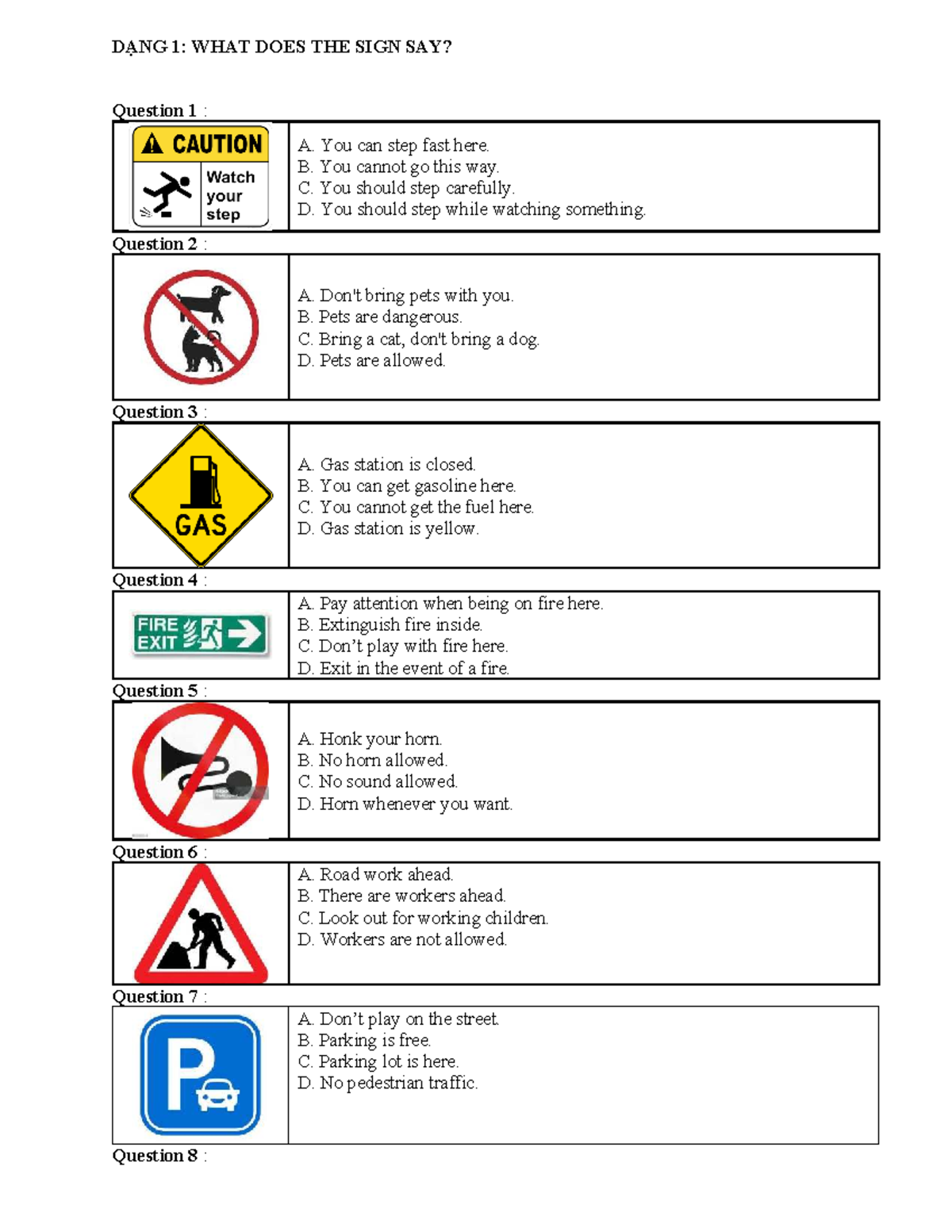 DẠNG 1: SIGN AND NOTICE QUESTIONS WITH KEY - Studocu