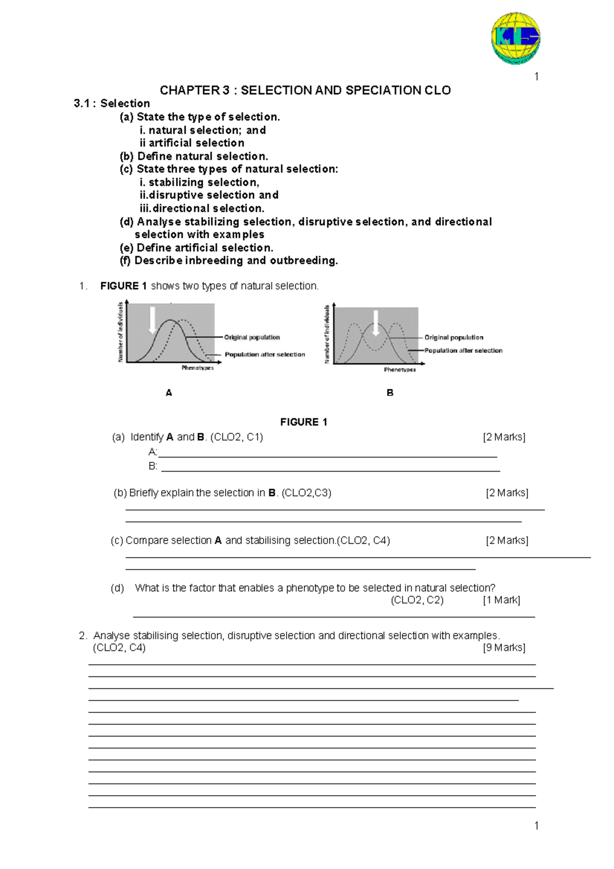 Chapter 3 Selection AND Speciation CLO - CHAPTER 3 : SELECTION AND ...