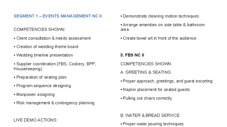 TESDA NC II Events Management: Wedding Program Package Guide - Studocu
