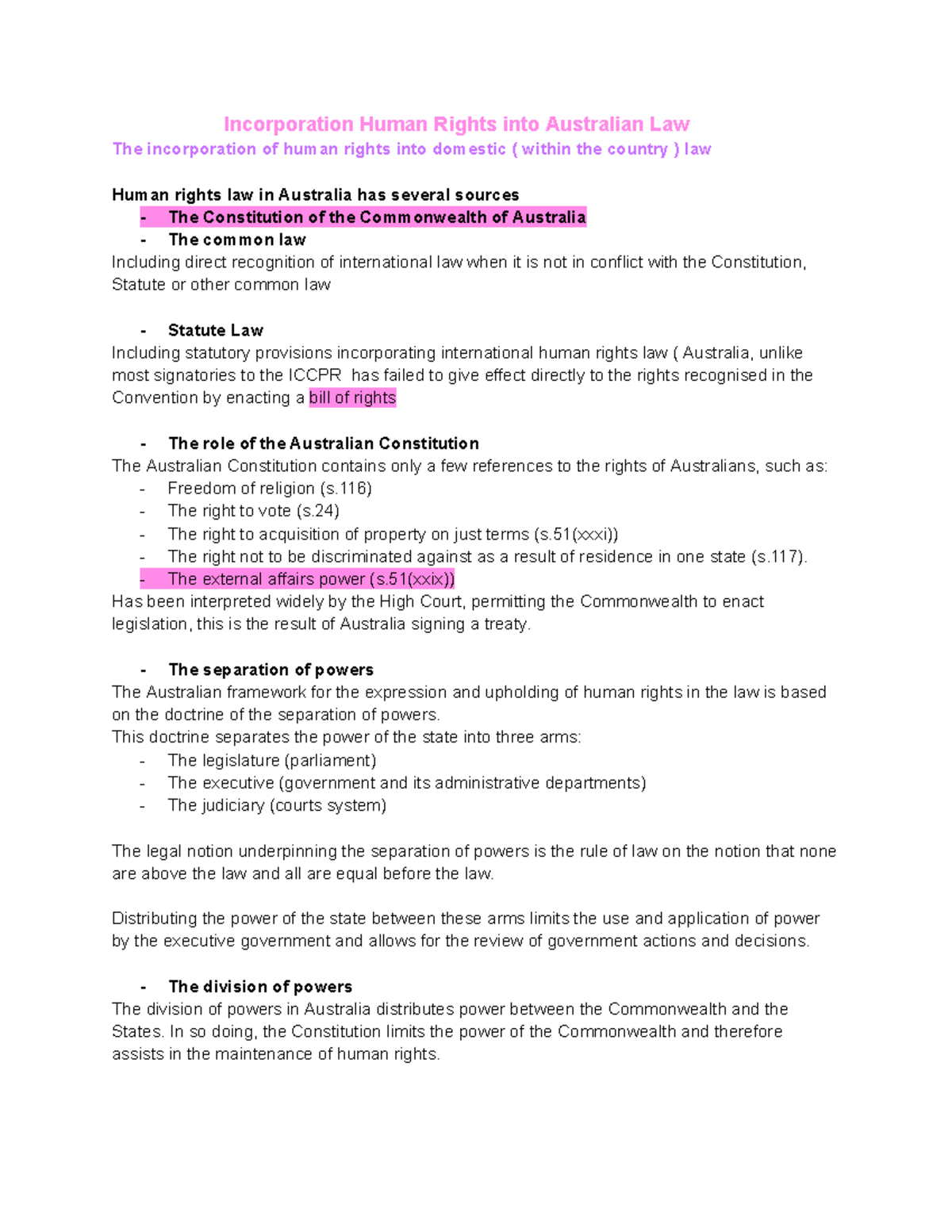 Legal Studies - Incorporating Human Rights in Aus Law - Studocu