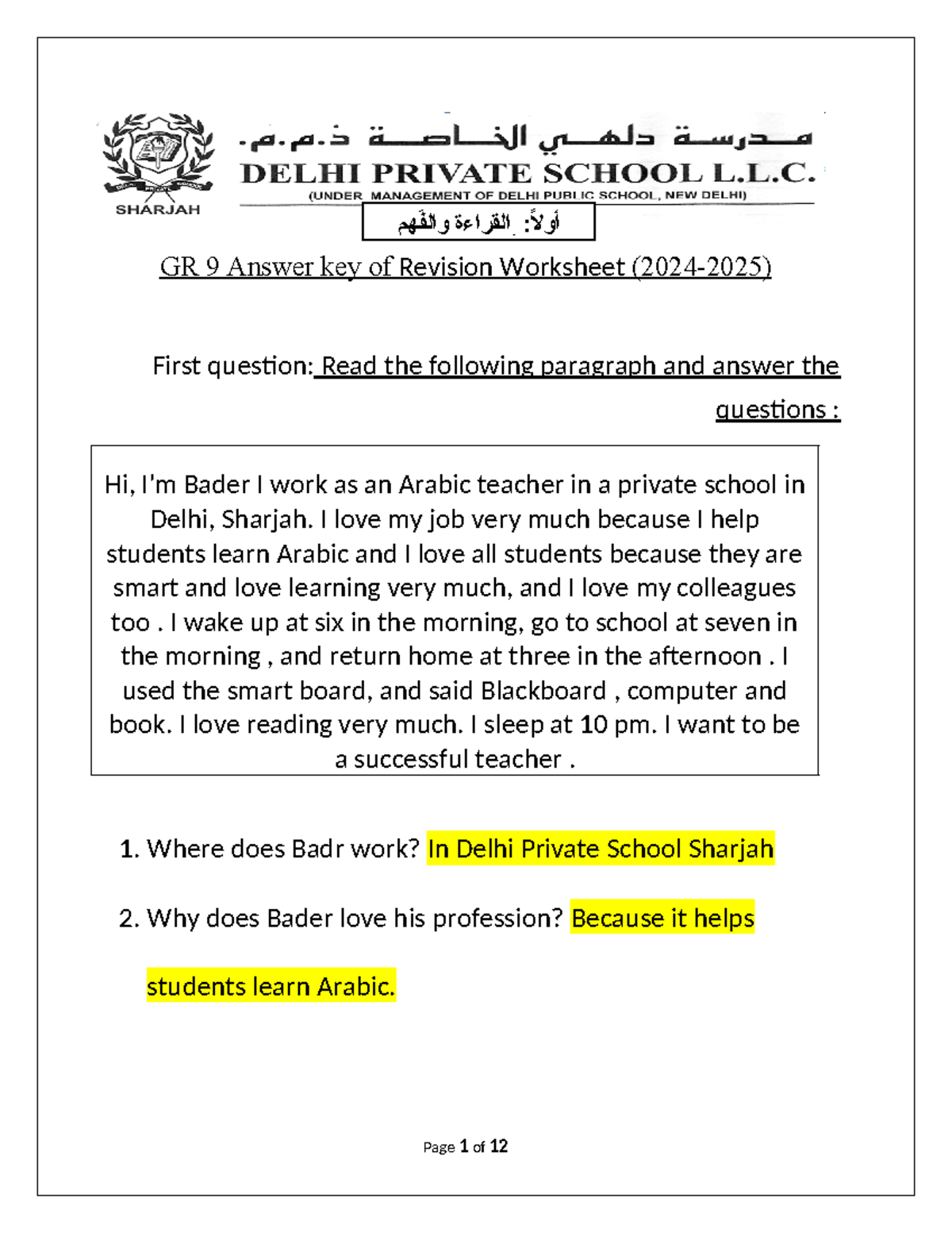 GR 9 Answer Key for Revision Worksheet (2024-2025) - Studocu