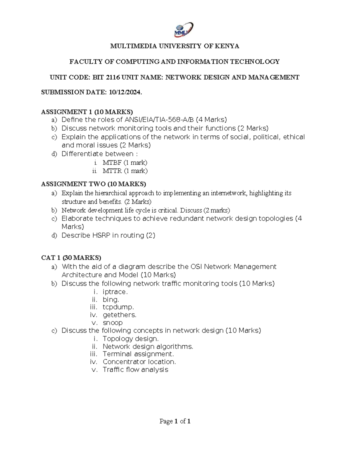 BIT 2116 Network Design & Management Assignment 1 & CAT 1 Notes - Studocu