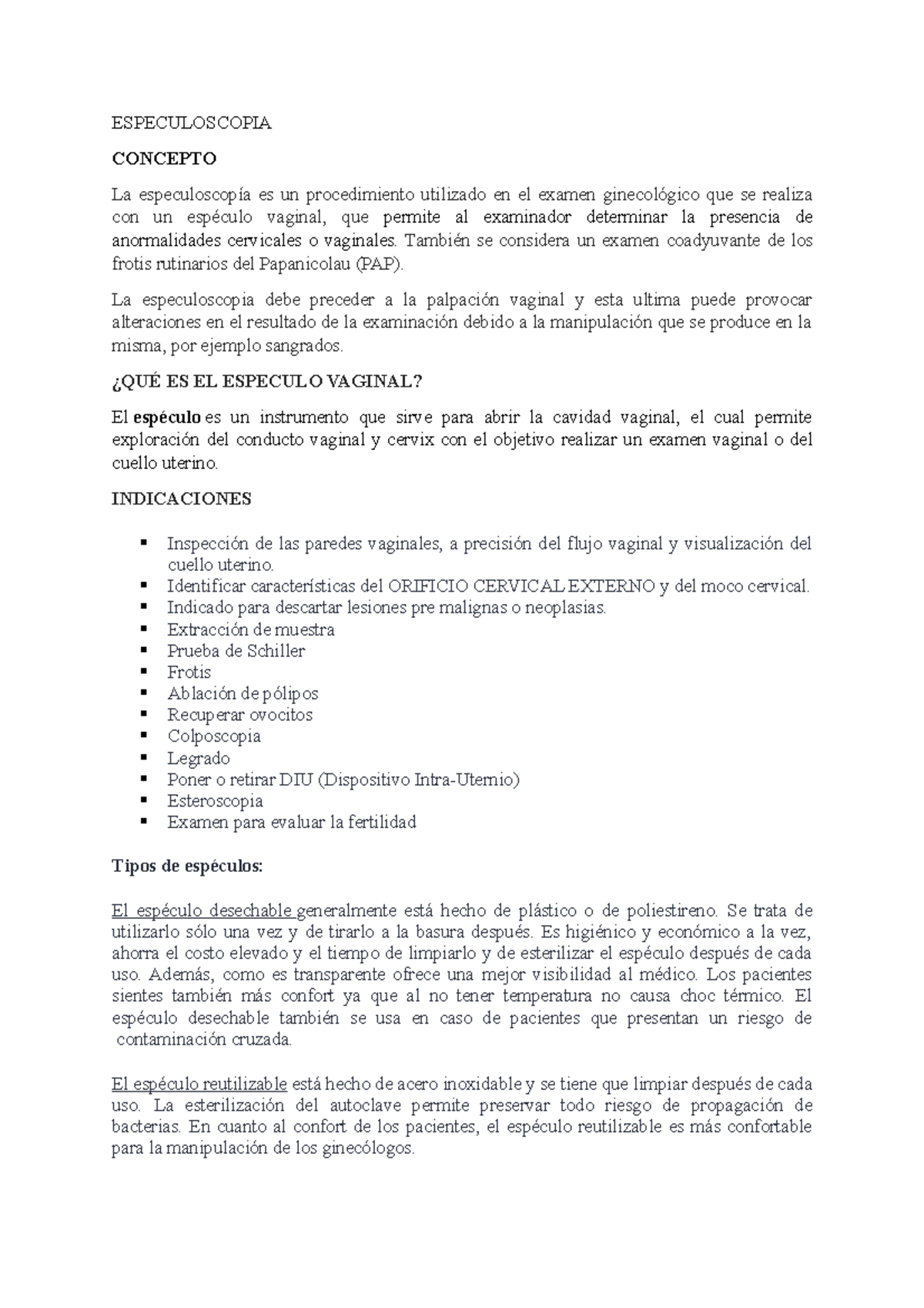 Informe de Especuloscopía: Proceso y Procedimientos Ginecológicos - Studocu