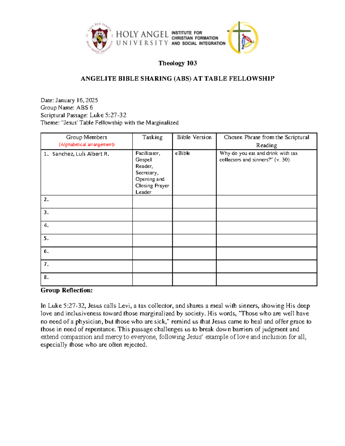 ABS AT Table Fellowship - Theology 103 ANGELITE BIBLE SHARING (ABS) AT ...