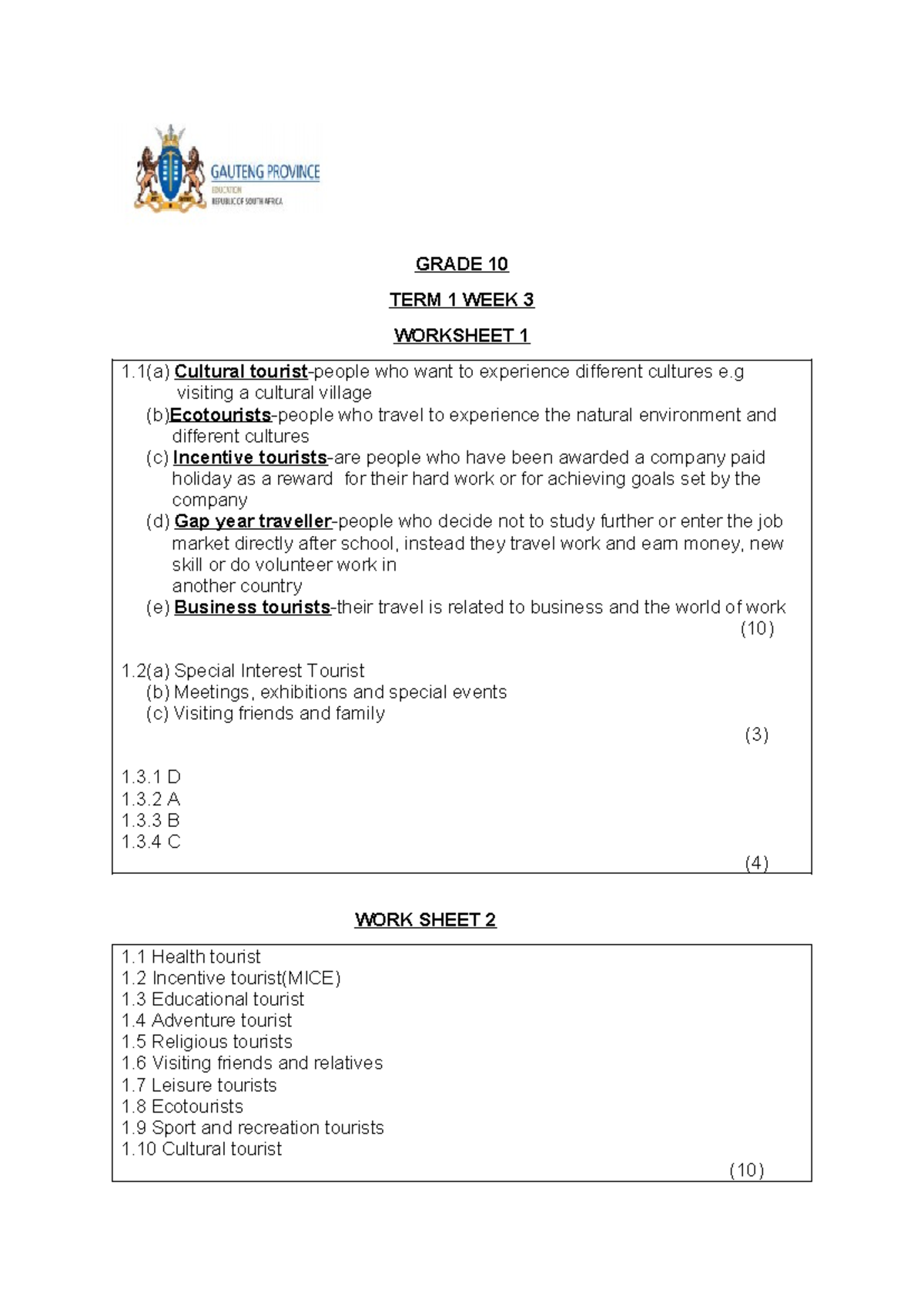 GRADE 10 TERM 1 WEEK 3 WORKSHEET: Types of Tourists in Tourism - Studocu
