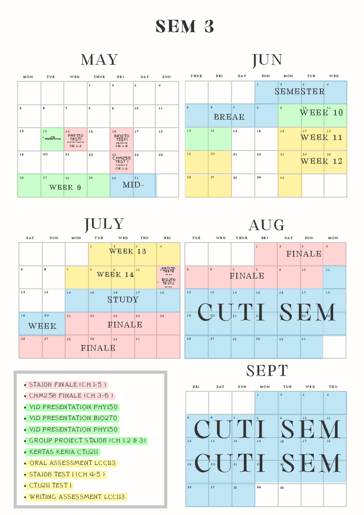 SEM 3 Schedule: Tests, Presentations, and Breaks Overview - Studocu