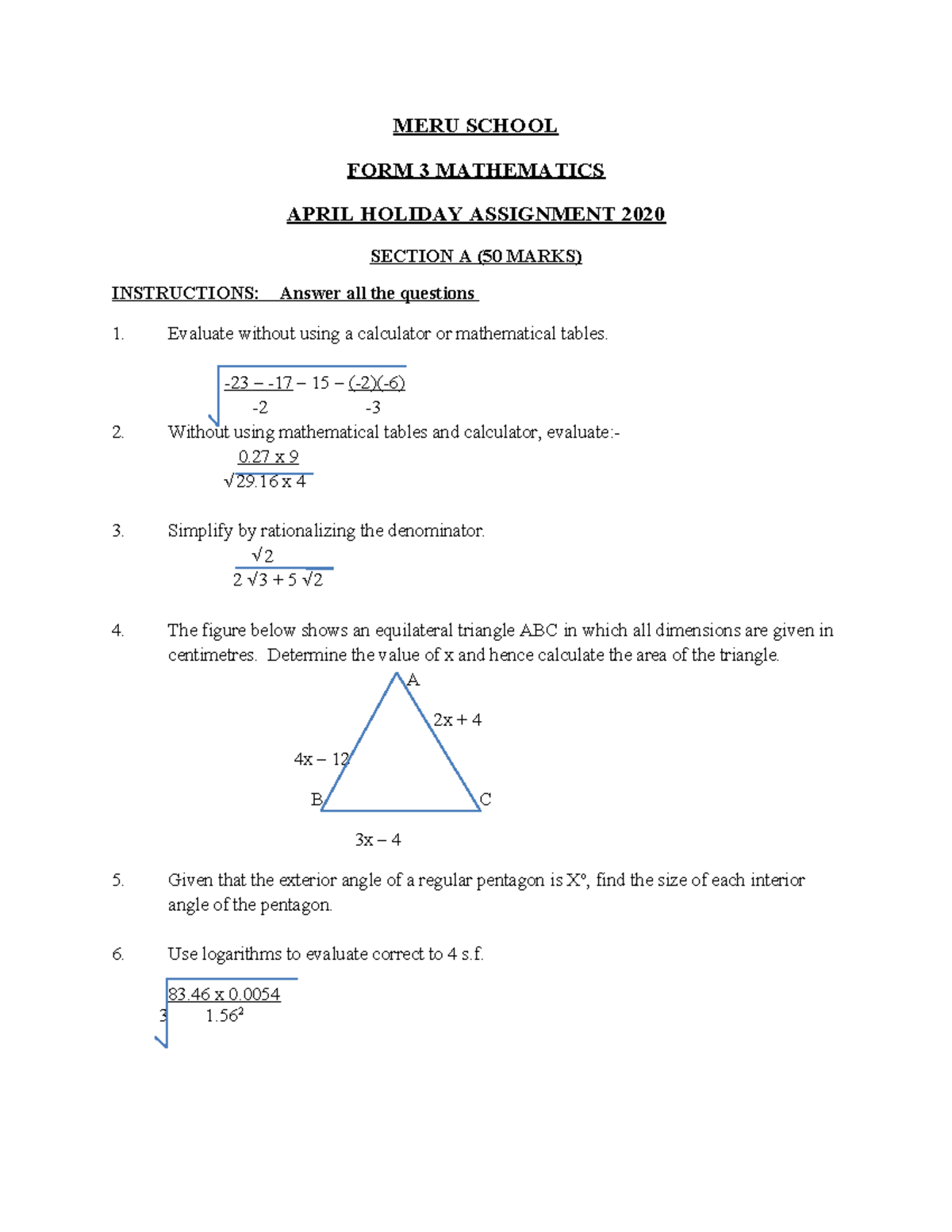 FORM 3 MATHEMATICS APRIL HOLIDAY ASSIGNMENT 2020 - Studocu