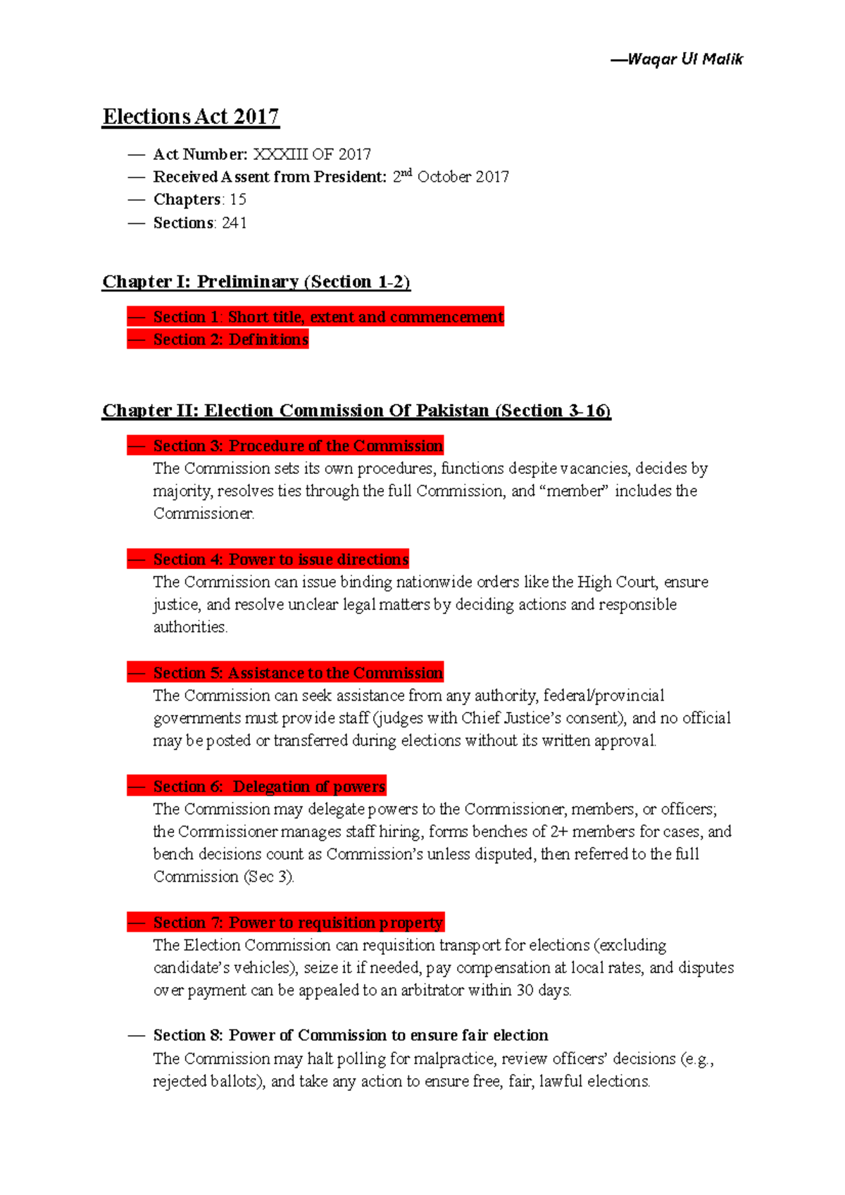 Elections Act 2017: Overview of the Election Commission Laws - Studocu