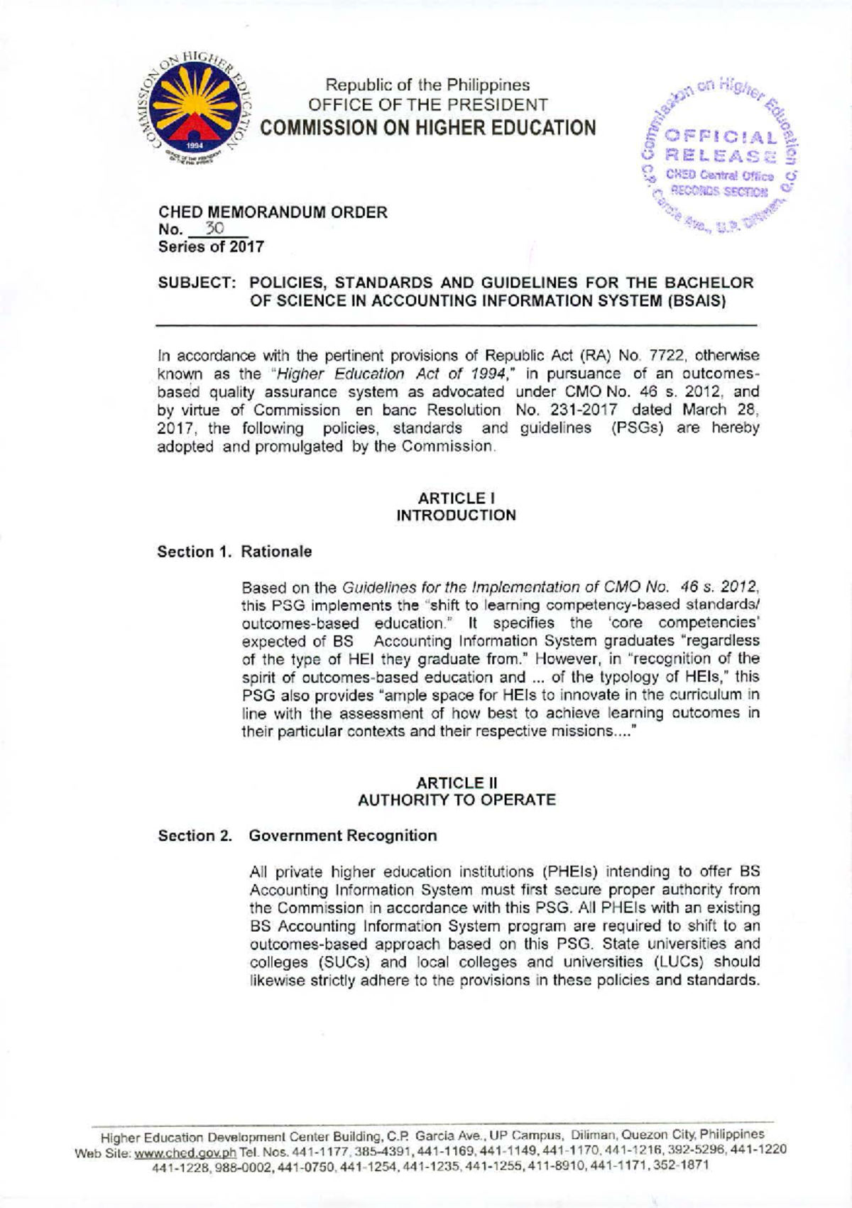CHED CMO No. 30 Series 2017: Policies for BSAIS Program - Studocu