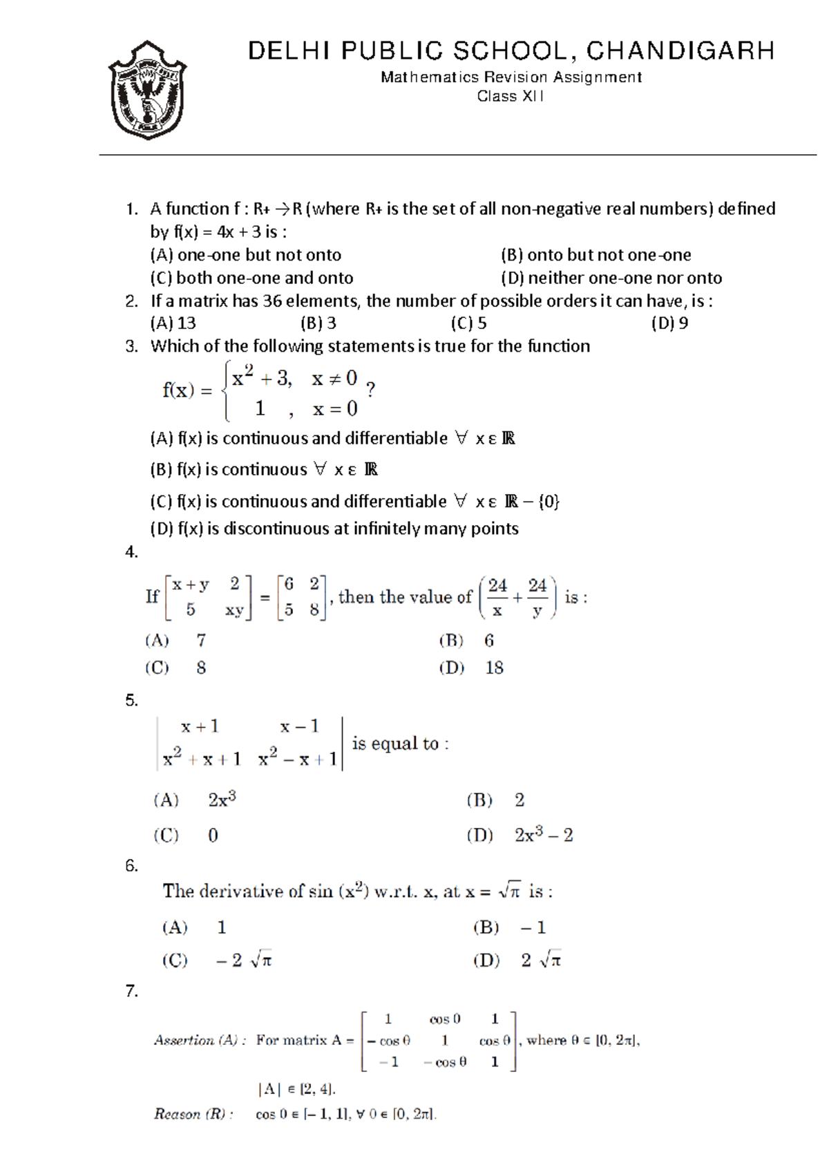 Class XII Mathematics MCQ Revision Assignment - Studocu