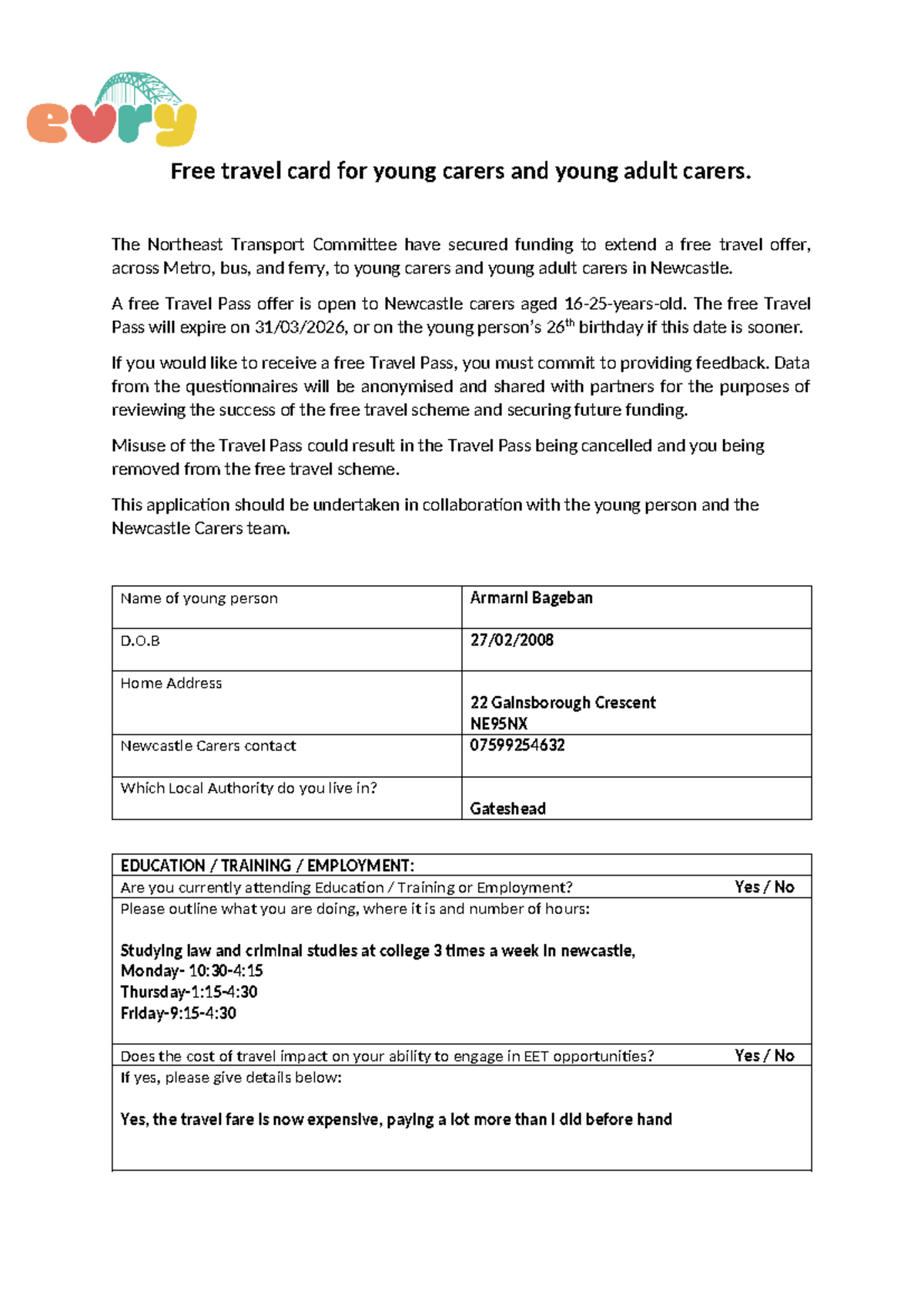 New travel card application form Newcastle Carers - Free travel card ...