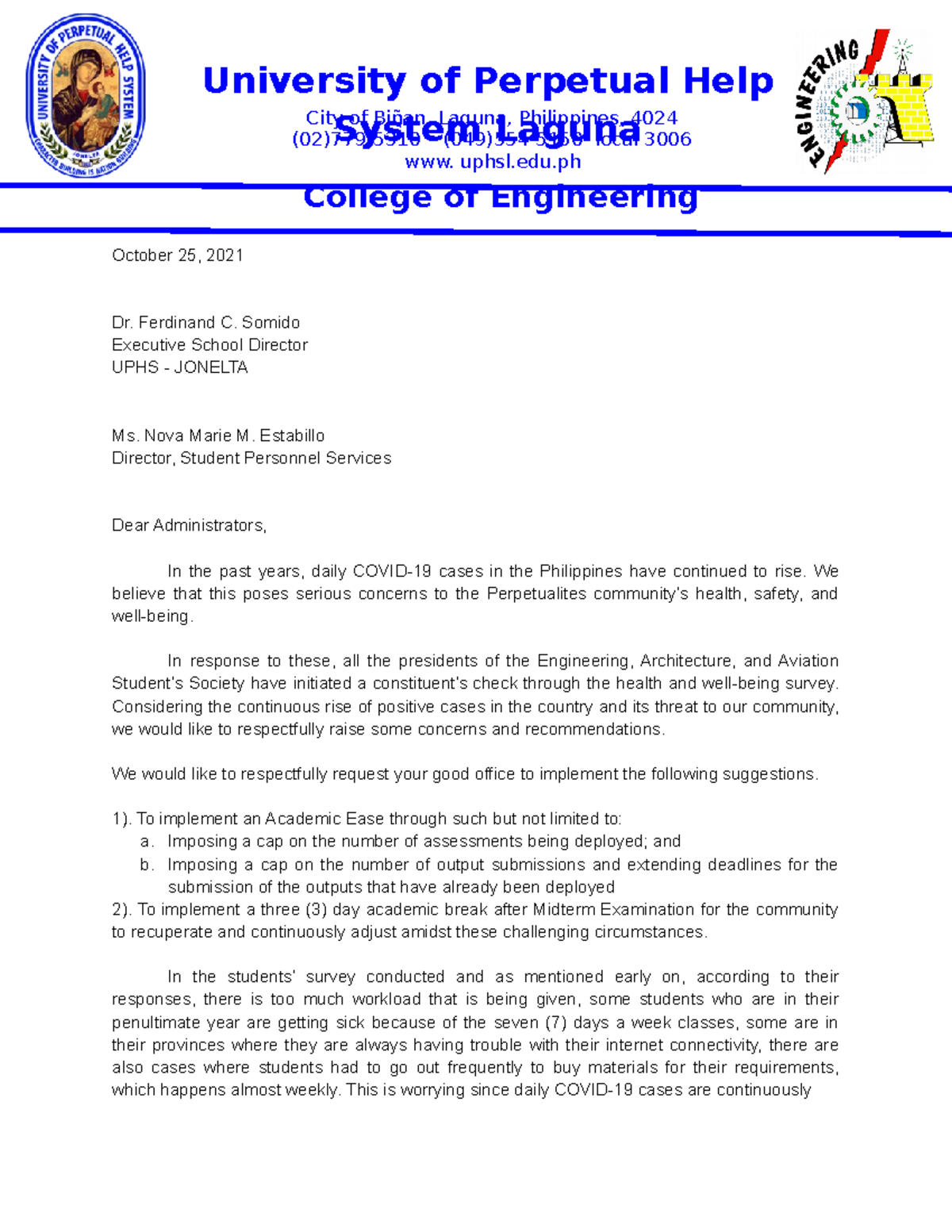 Academic Break Request Letter CEAA for Student Well-Being - Studocu