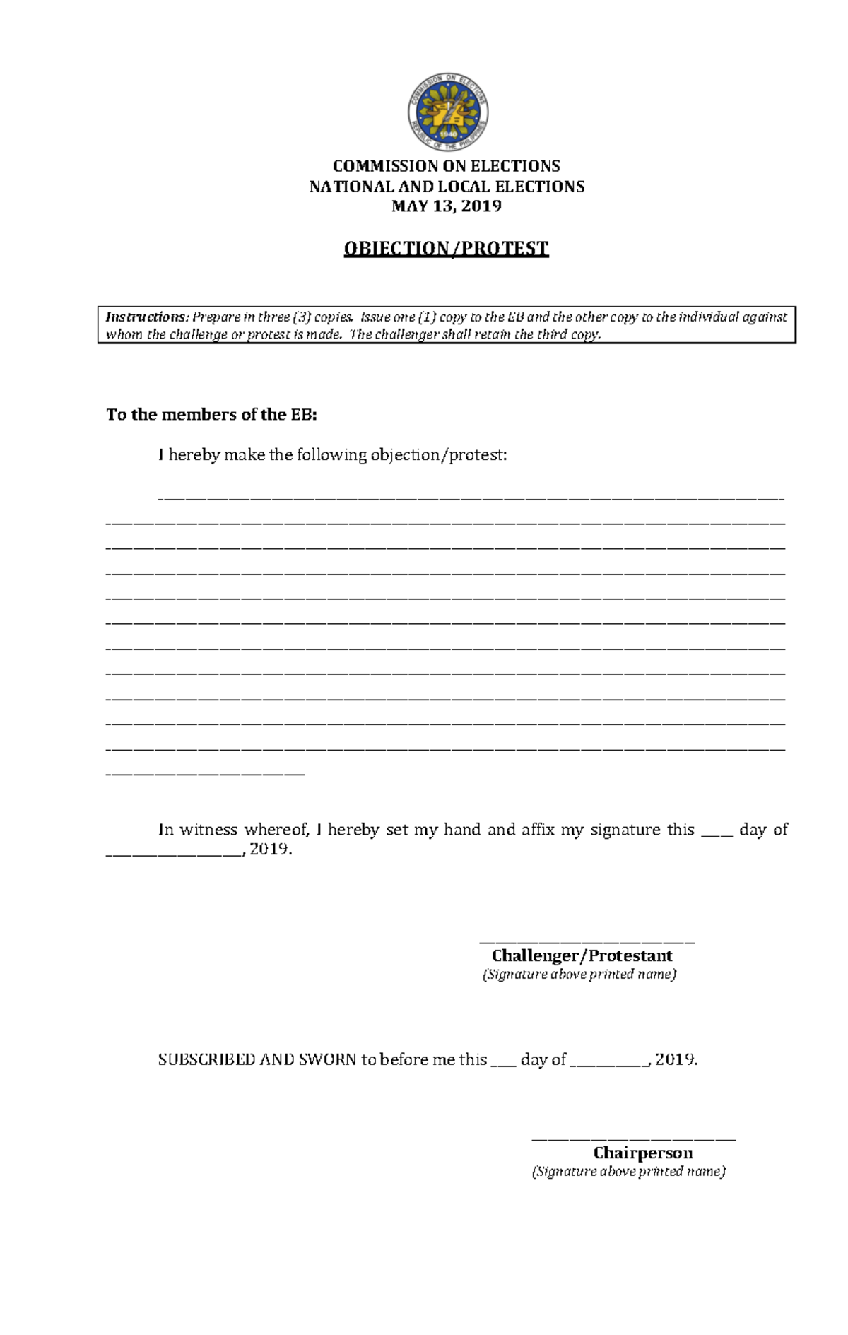 Objection/Protest Form for National Elections - Sample Template - Studocu