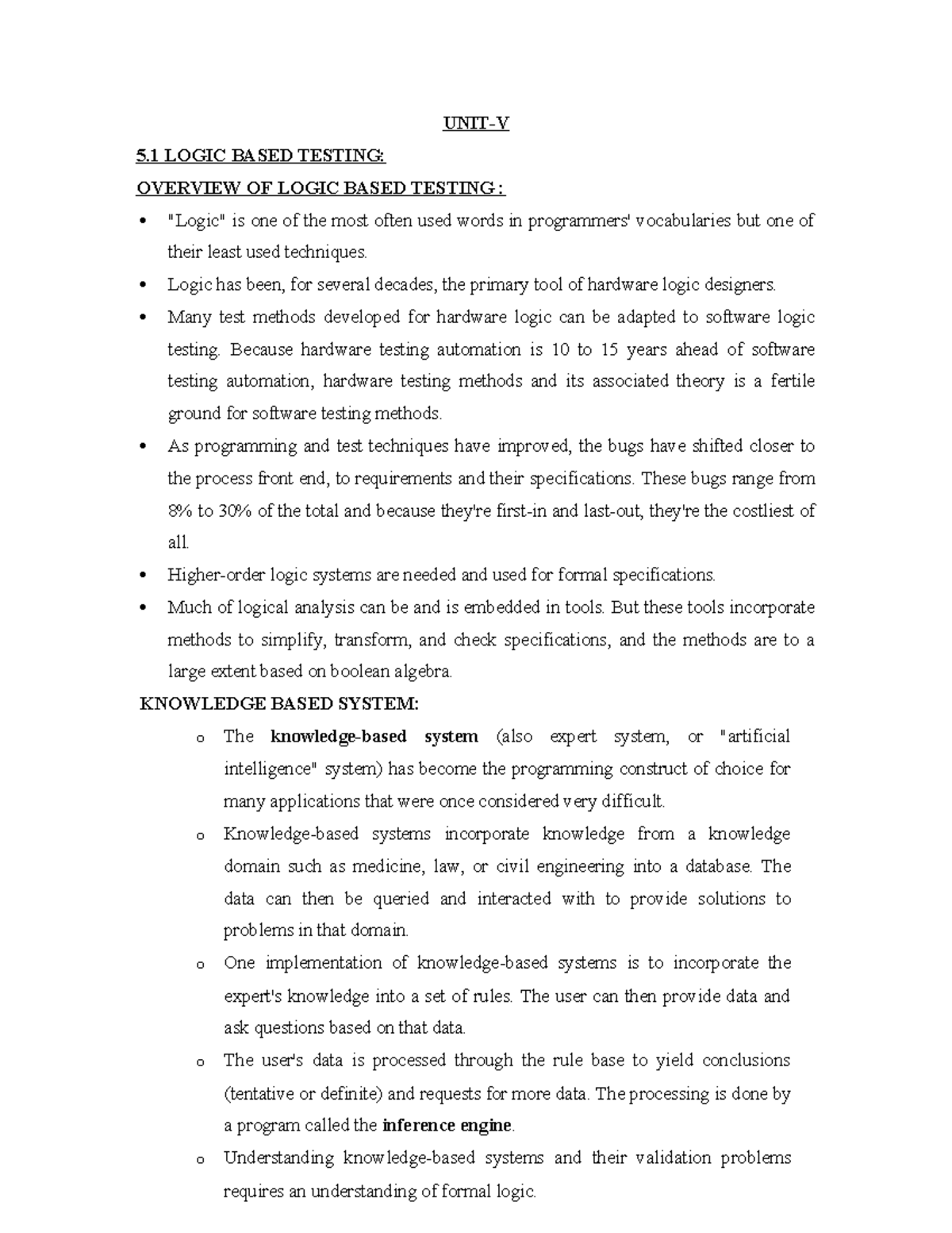 UNIT V-ST: Logic Based Testing Overview and Techniques - Studocu