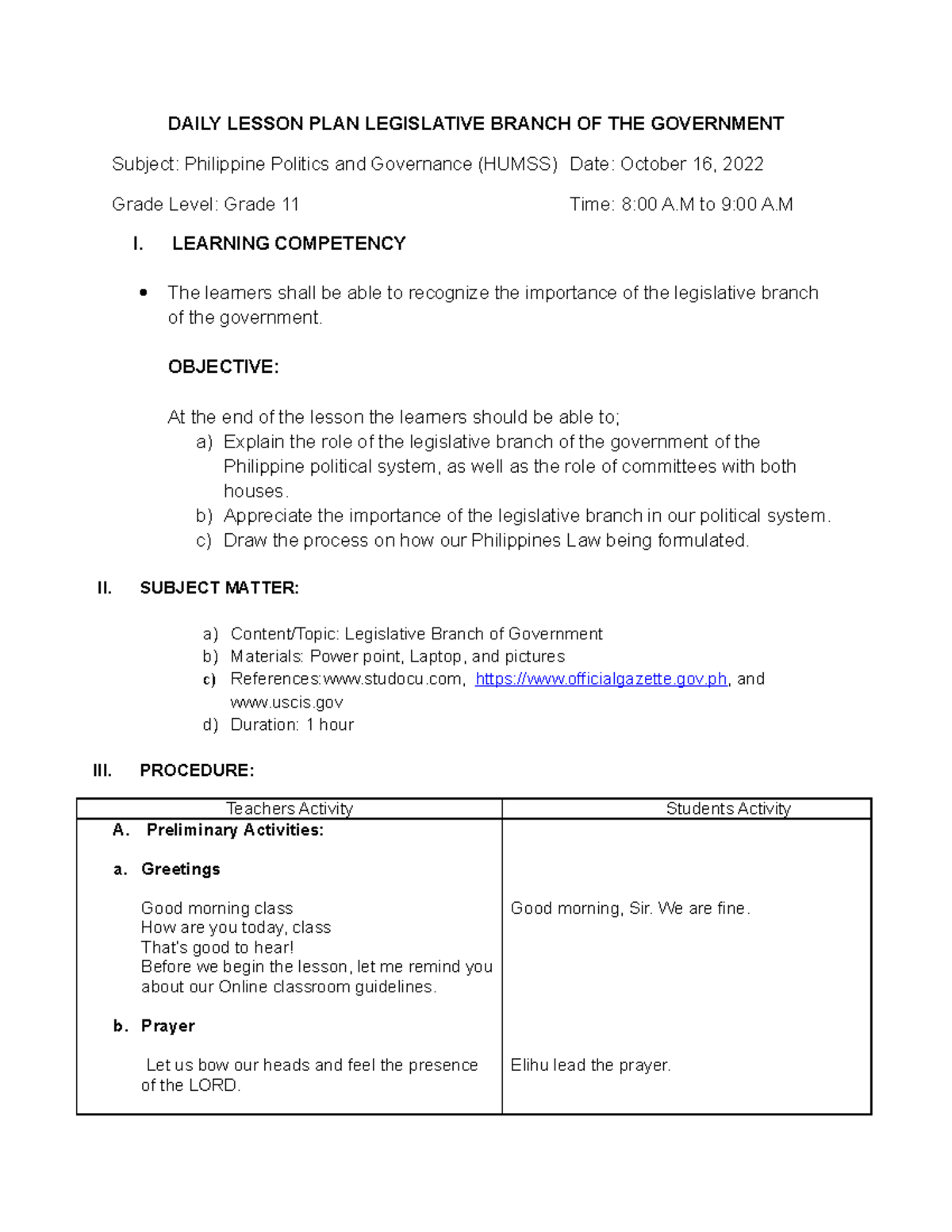 Daily Lesson Plan (HUMSS) on Legislative Branch of Government - Studocu