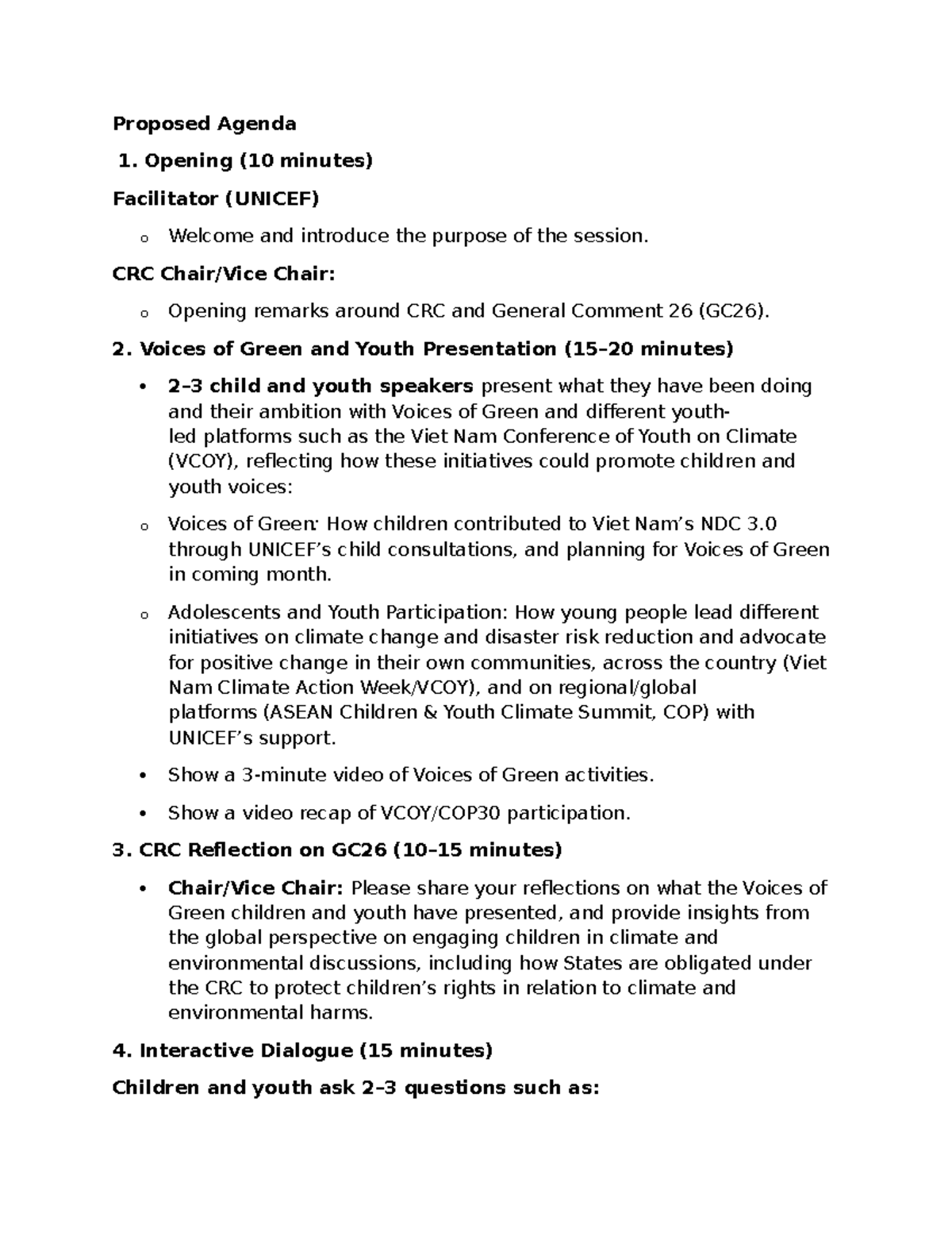 CRC Discussion Agenda - Voices of Green & Youth Engagement - Studocu