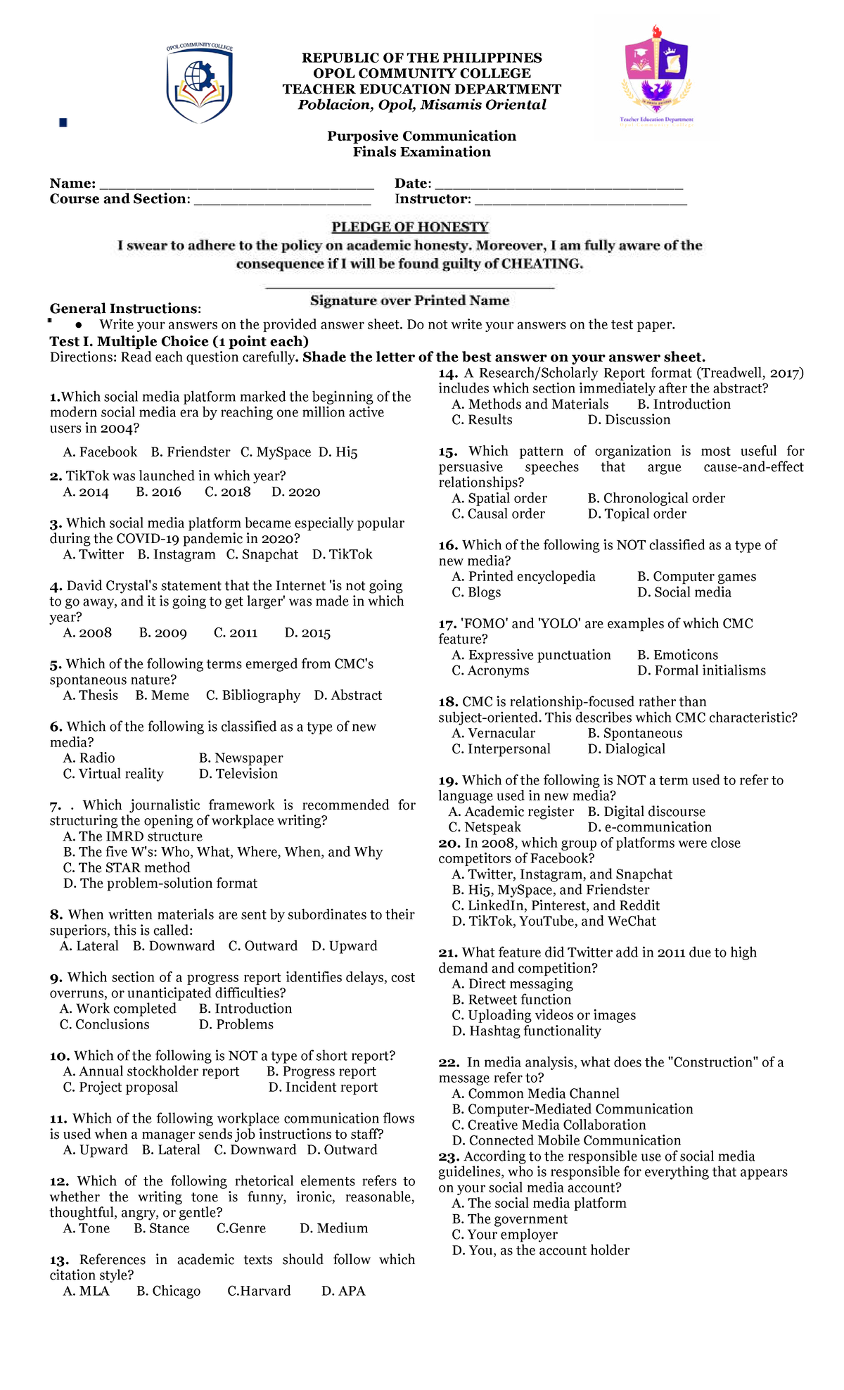 Purposive Communication Finals Exam (Course Code: TEACHER ED) - Studocu