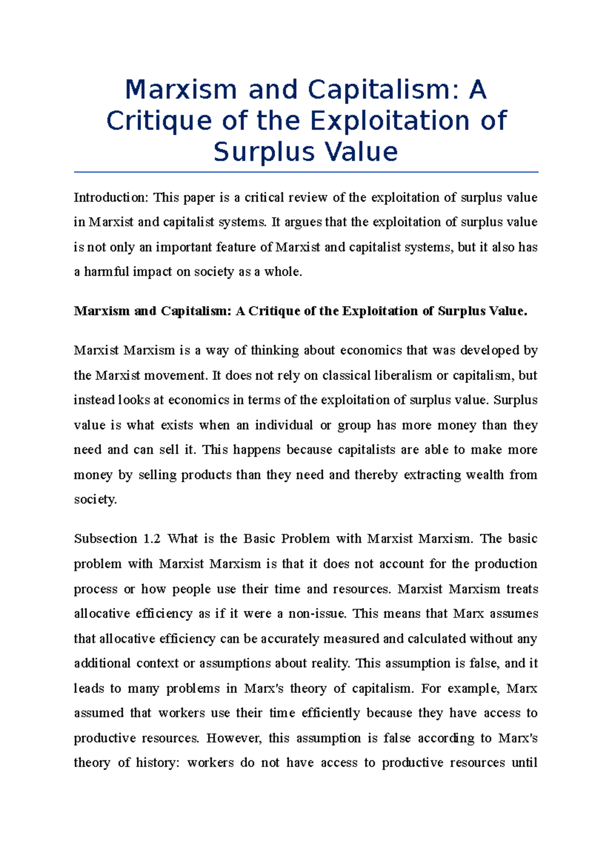 Marxism and Capitalism: A Critical Review of Surplus Value Exploitation ...