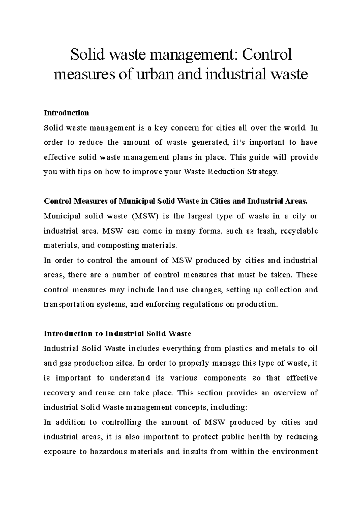 Urban and Industrial Waste Control Measures: A Solid Waste Management ...