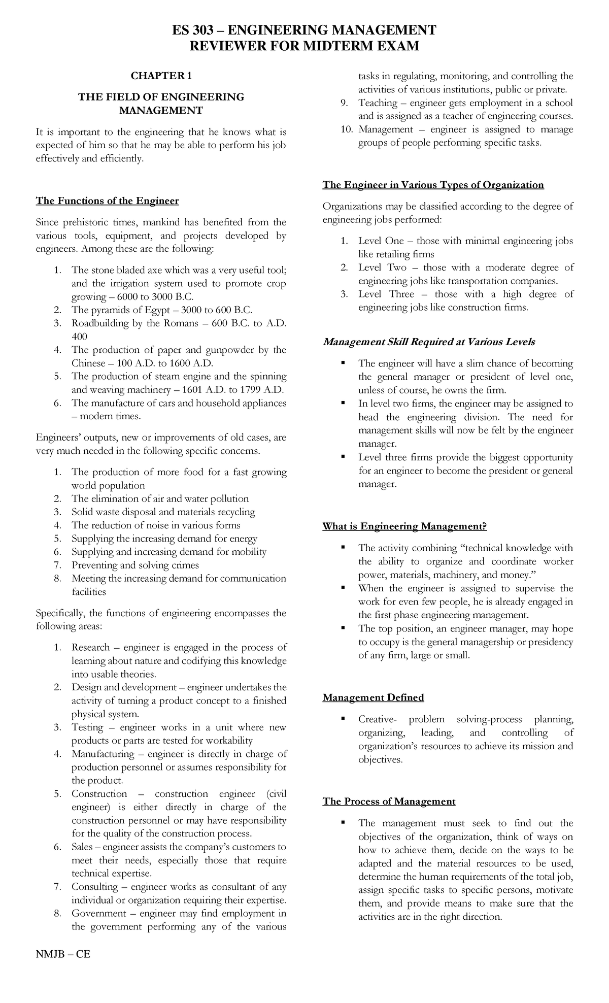 Engineering Management Reviewer Midterm - REVIEWER FOR MIDTERM EXAM ...