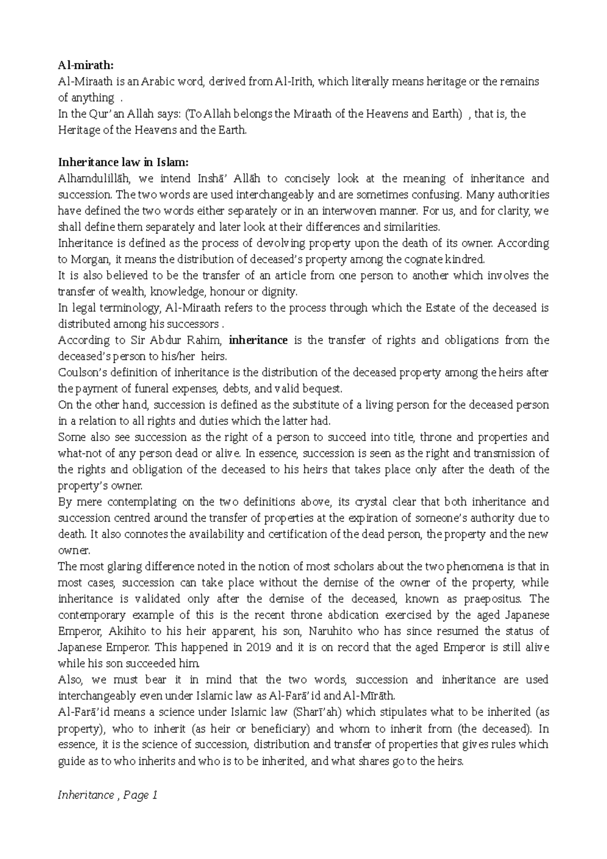 Inheritance - Al-mirath: Al-Miraath is an Arabic word, derived from Al ...