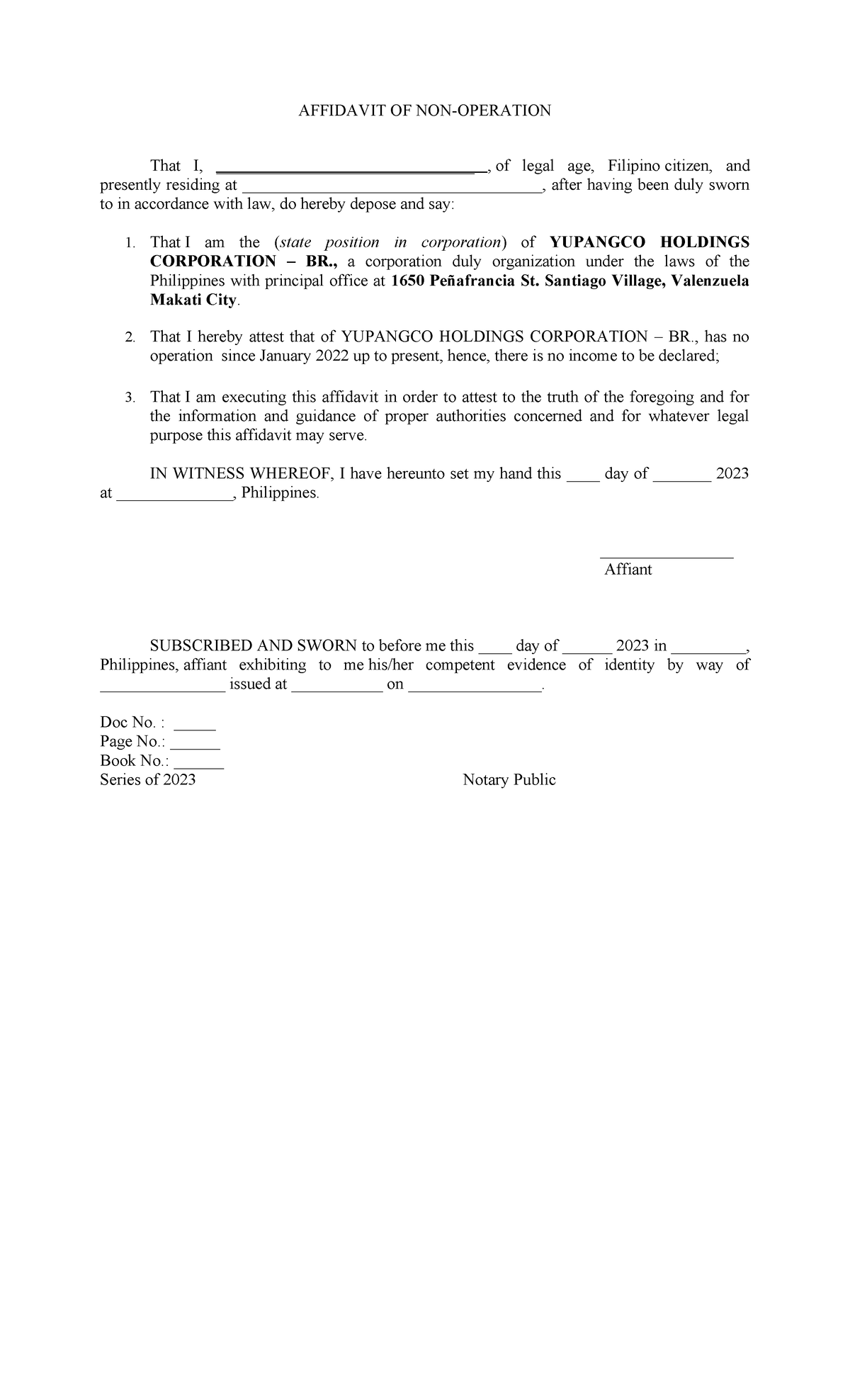 Affidavit OF NON- Operation - AFFIDAVIT OF NON-OPERATION That I