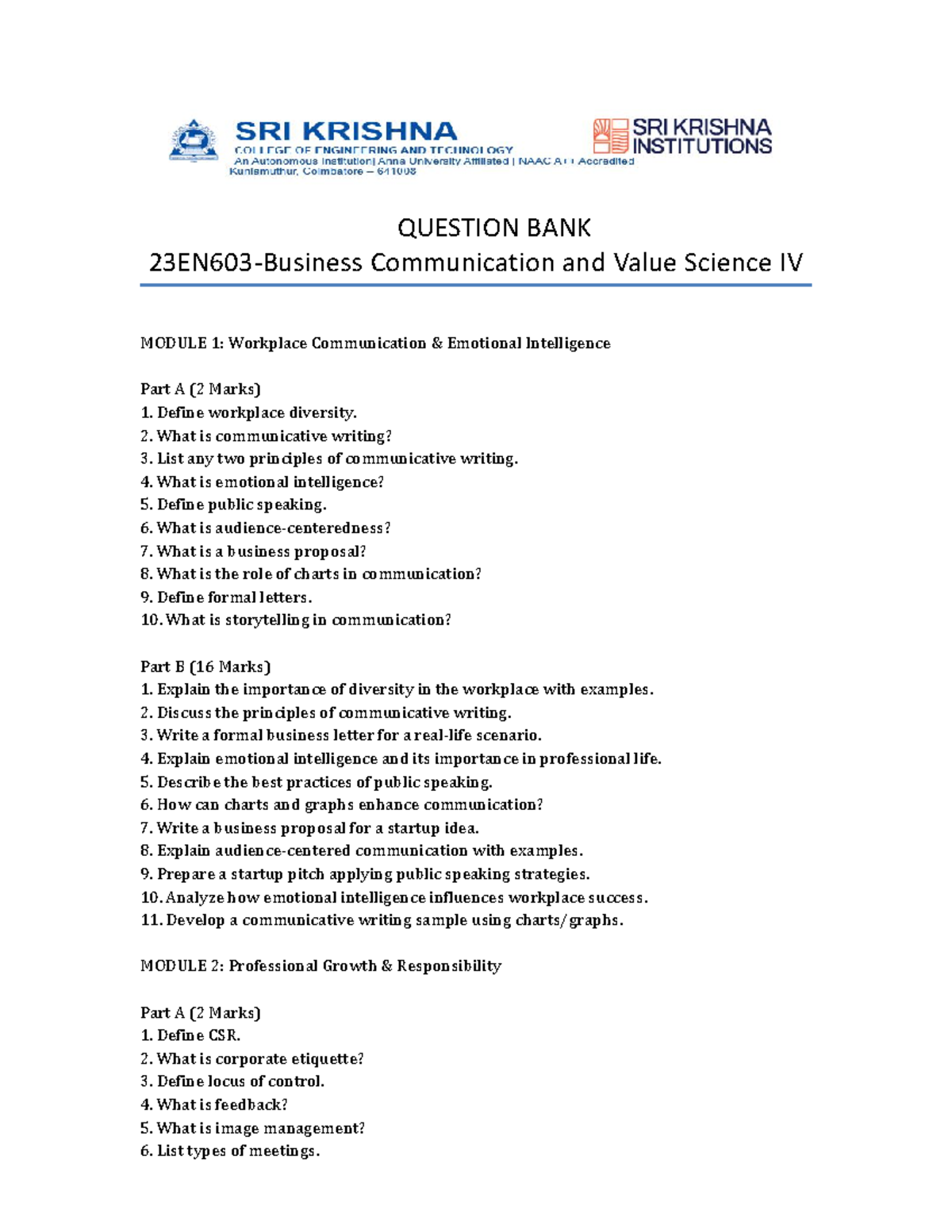 III CSBS BCVS Question Bank: Workplace Communication & Emotional ...