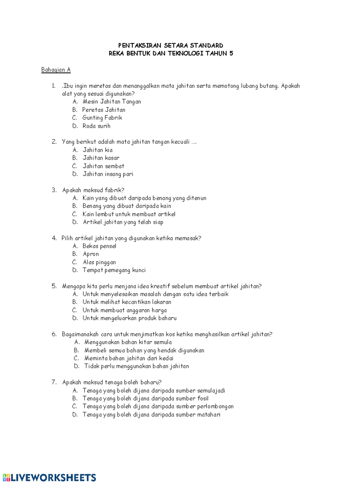 Soalan PBD Akhir Tahun RBT Tahun 5: Rekabentuk & Teknologi - Studocu