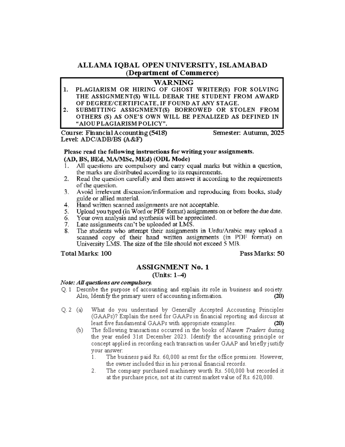 Financial Accounting Assignment 1 (Course Code: 5418) - Autumn 2025 ...