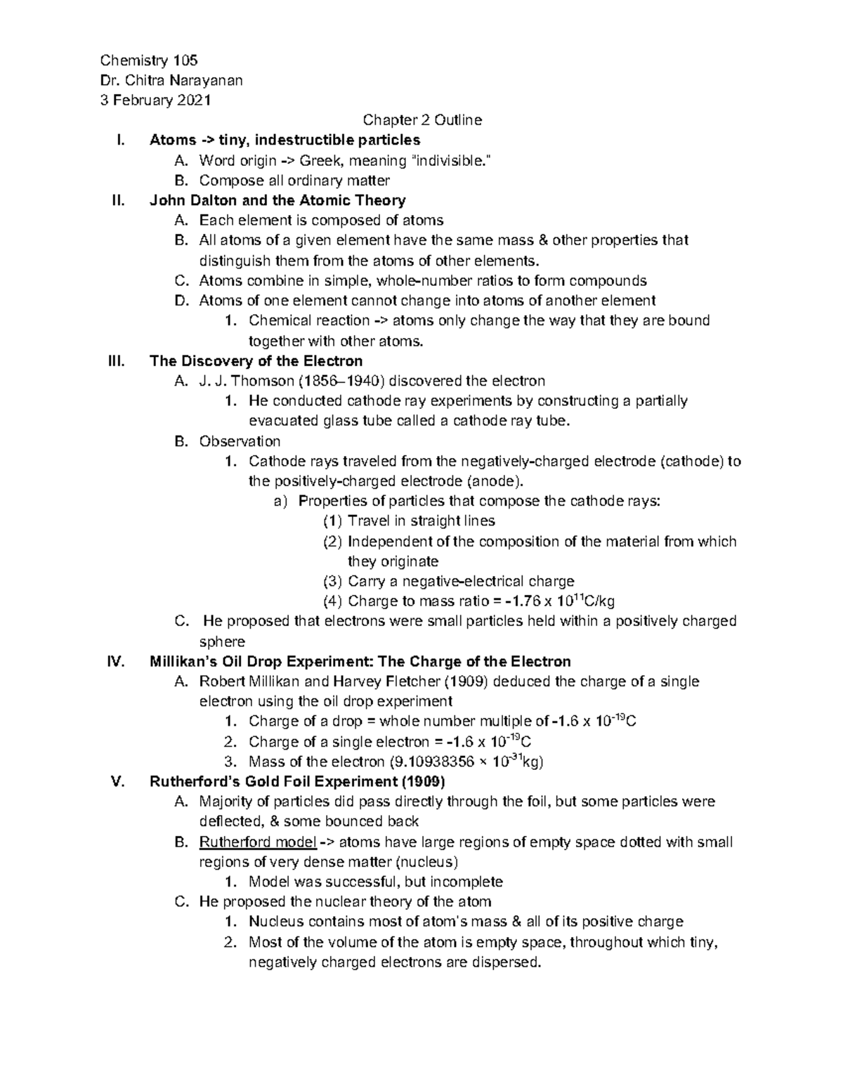 Chem Chapter 2 - ch2 notes - Chemistry 105 Dr. Chitra Narayanan 3 ...
