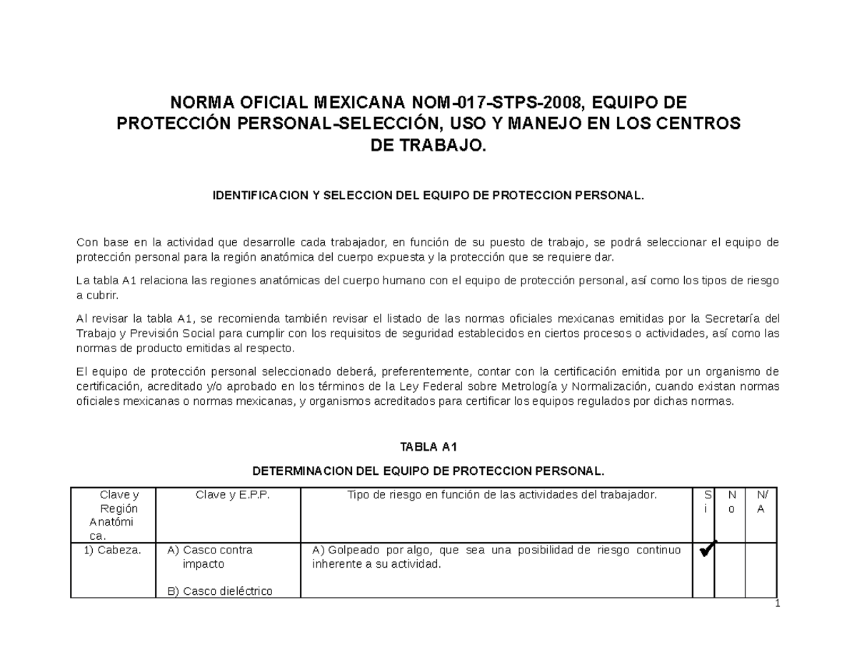 Identificacion y seleccion del equipo de proteccion personal nom 017 stps 2008 - 1 NORMA OFICIAL ...
