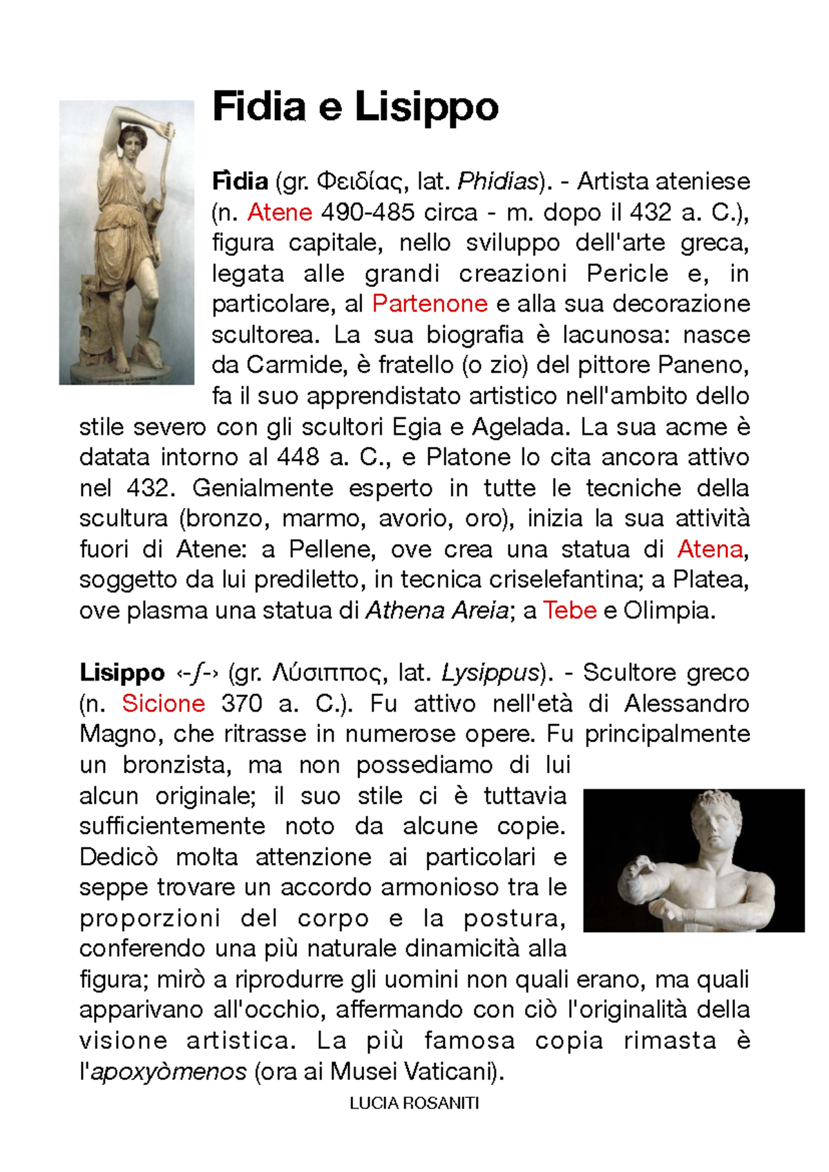 Fidia e Lisippo: Analisi dei Grandi Scultori Greci - Studocu