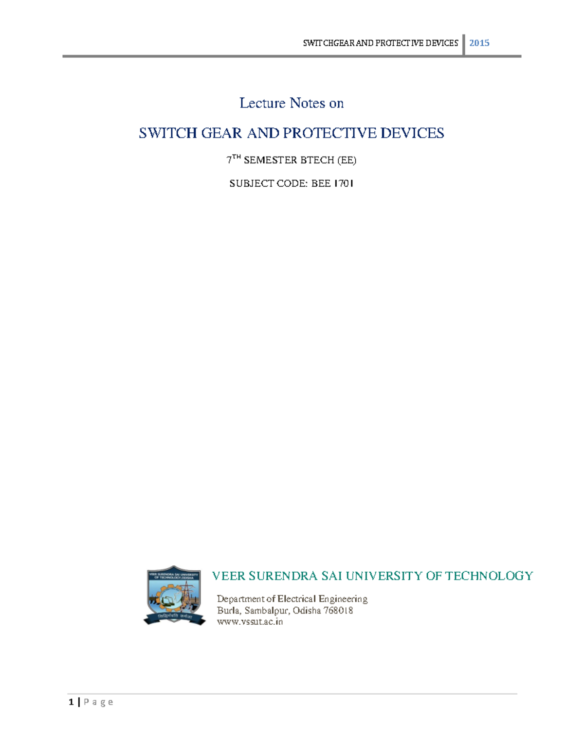 SWITCHGEAR AND PROTECTIVE DEVICES BEE 1701 Lecture Notes for 7th Sem ...