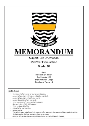 2021 LO GR 10 TEST Booklet AND MEMO - LIFE ORIENTATION TEST BOOKLET GR ...