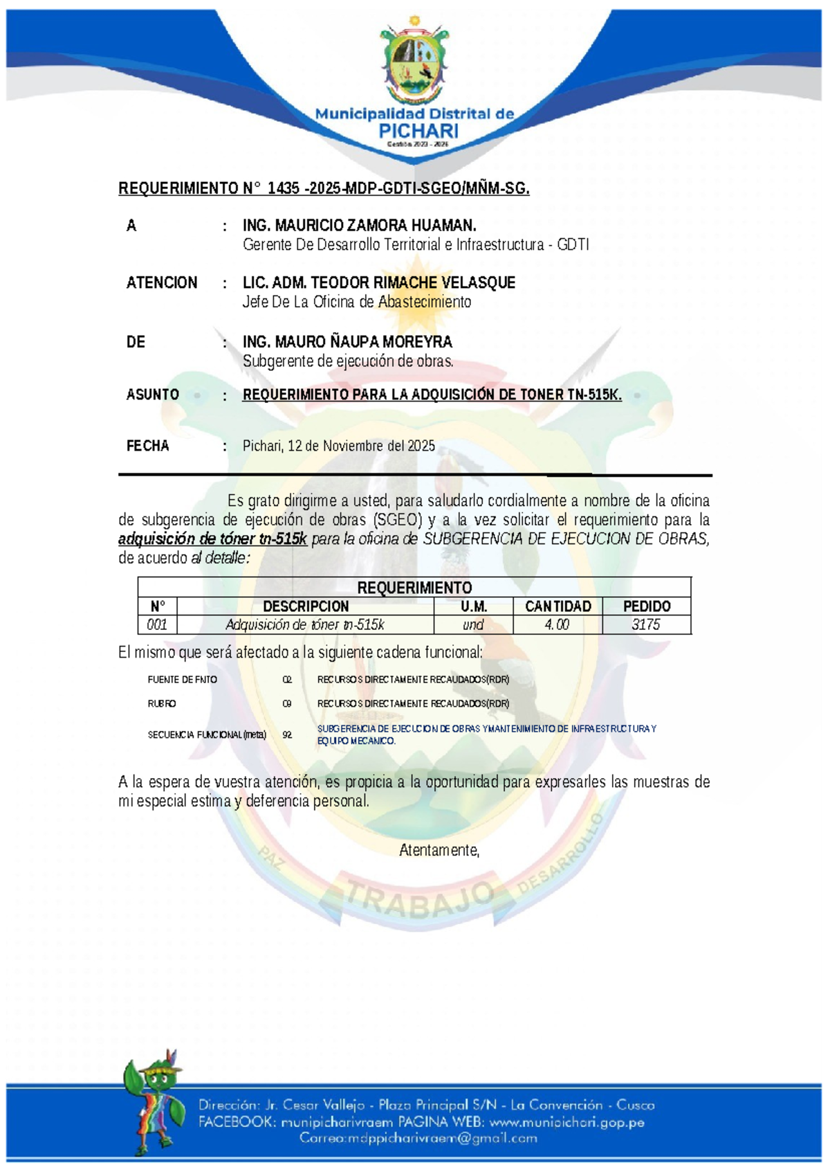 REQUERIMIENTO 1435-2025: Adquisición de Tóner para SGEO - Studocu