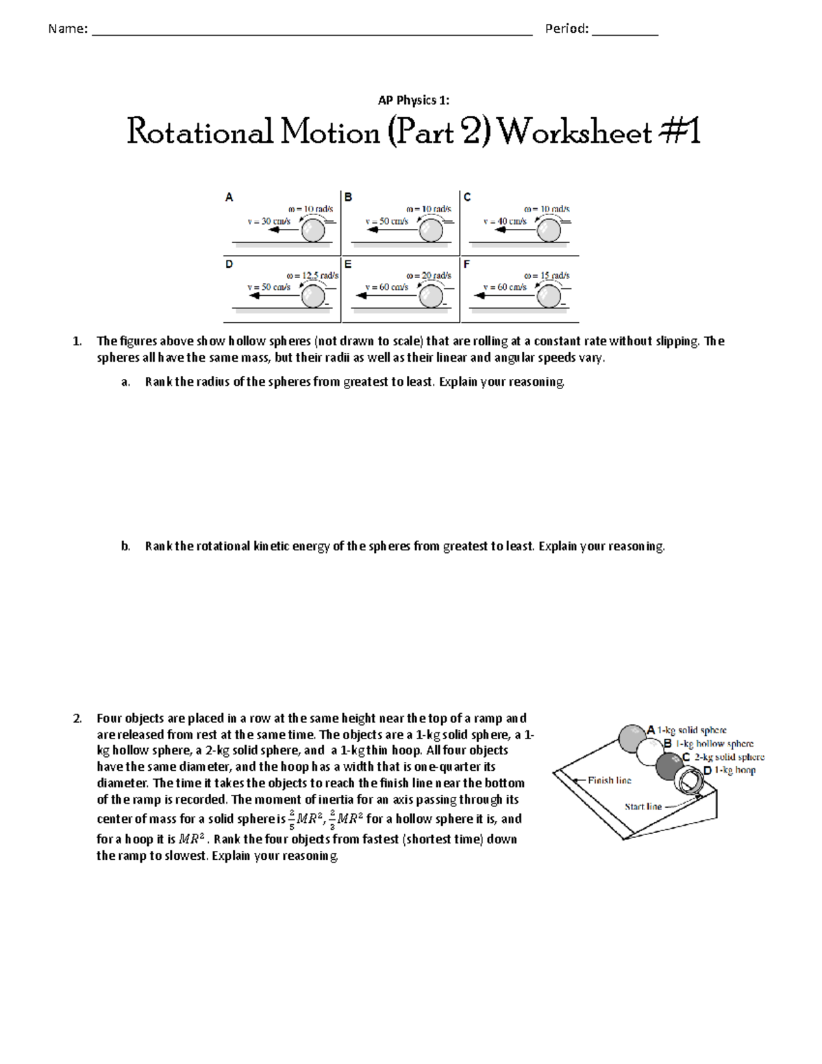 Rot-2 WS #1 - AP Physics 1: Rotational Motion Concepts & Problems - Studocu
