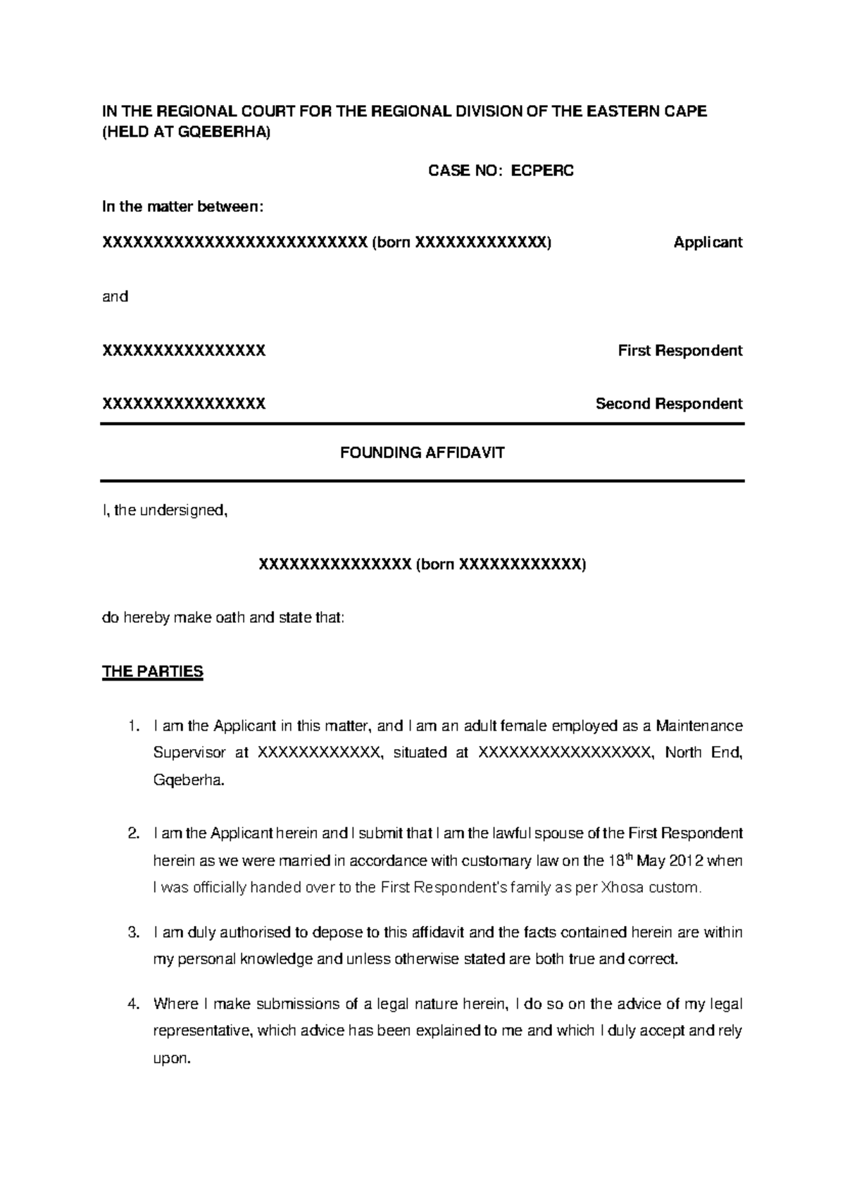 Founding Affidavit - Customary Marriage Case No: ECPERC - Studocu
