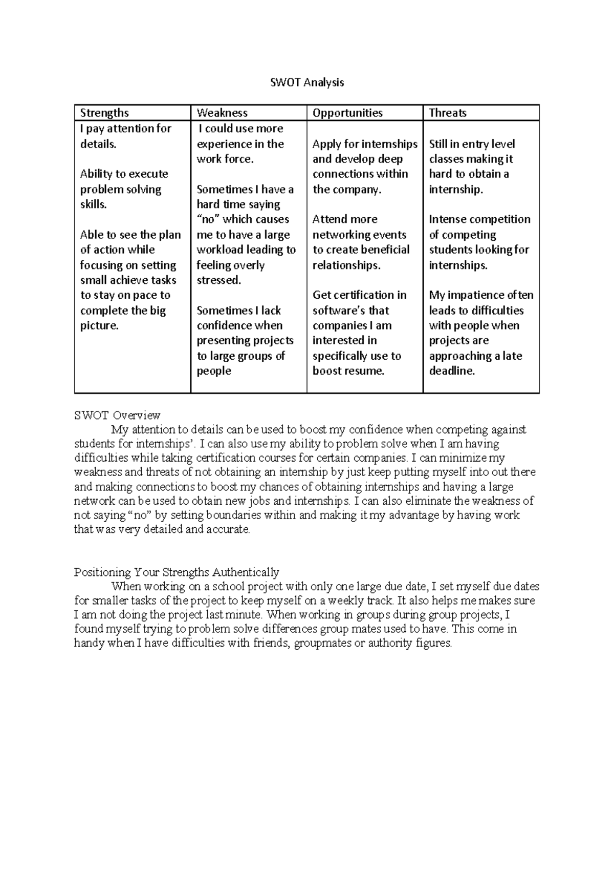 PMP 1 SWOT Analysis - SWOT Analysis Strengths Weakness Opportunities ...
