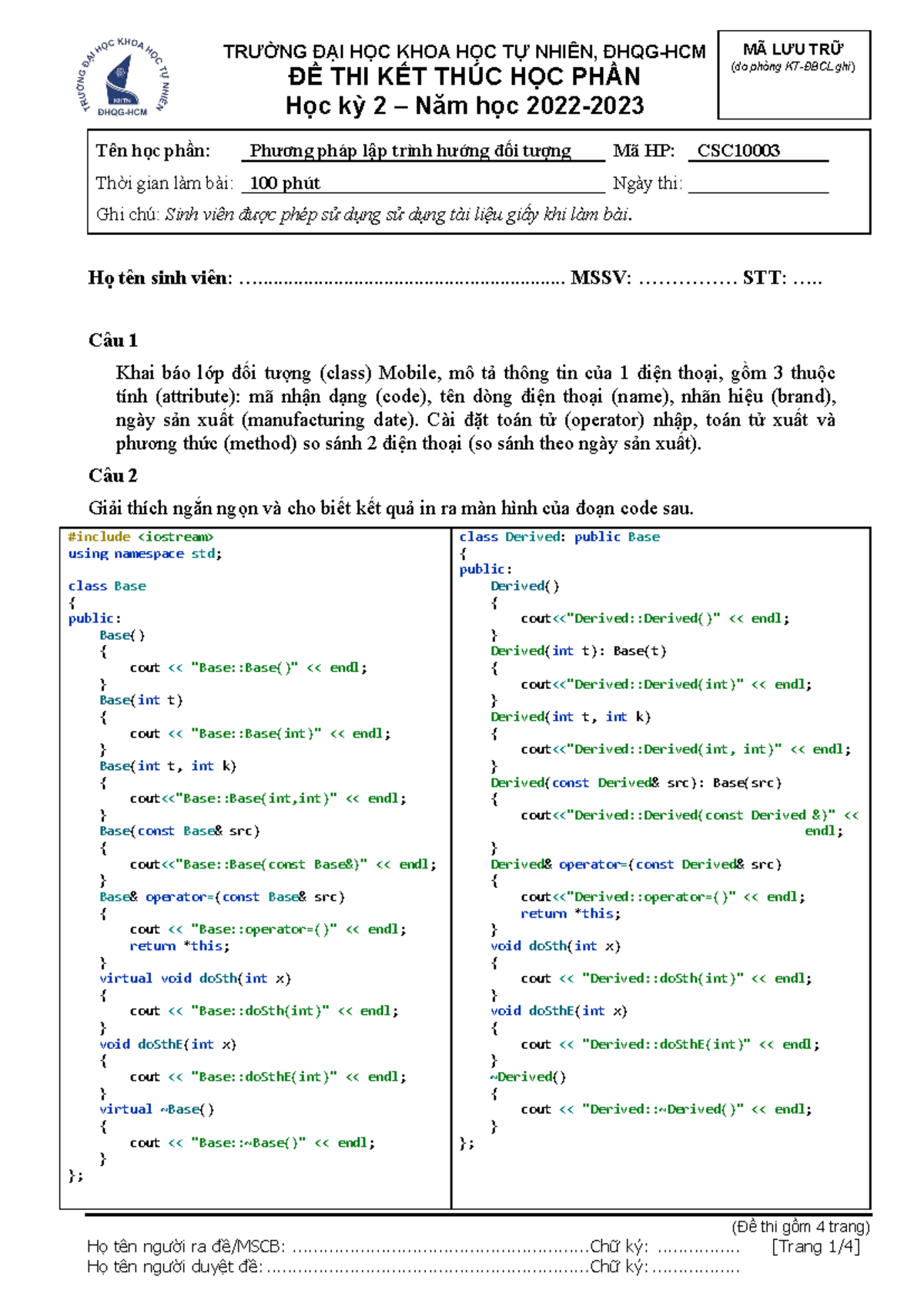 Đề Thi Kết Thúc Học Phần OOP-CQ2023 - Học Kỳ 2 Năm Học - Studocu