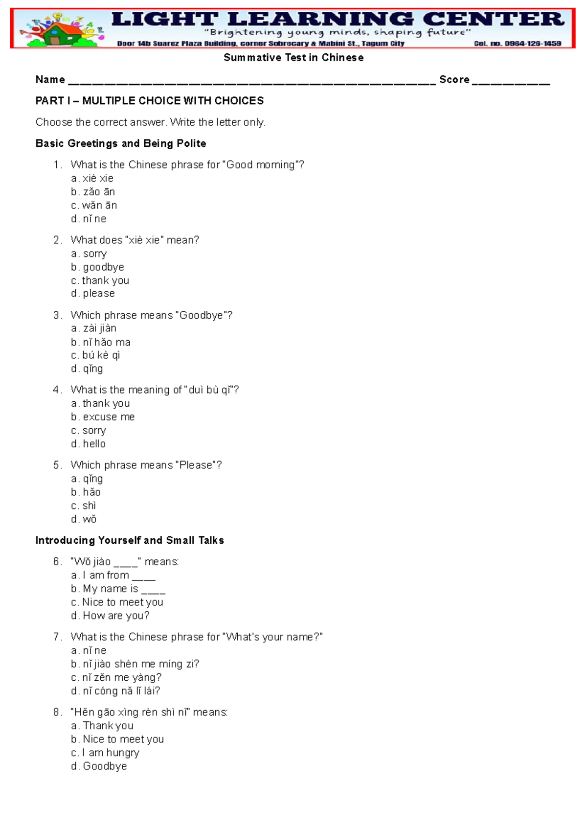 Chinese Summative Test 2: Basic Greetings & Polite Phrases - Studocu