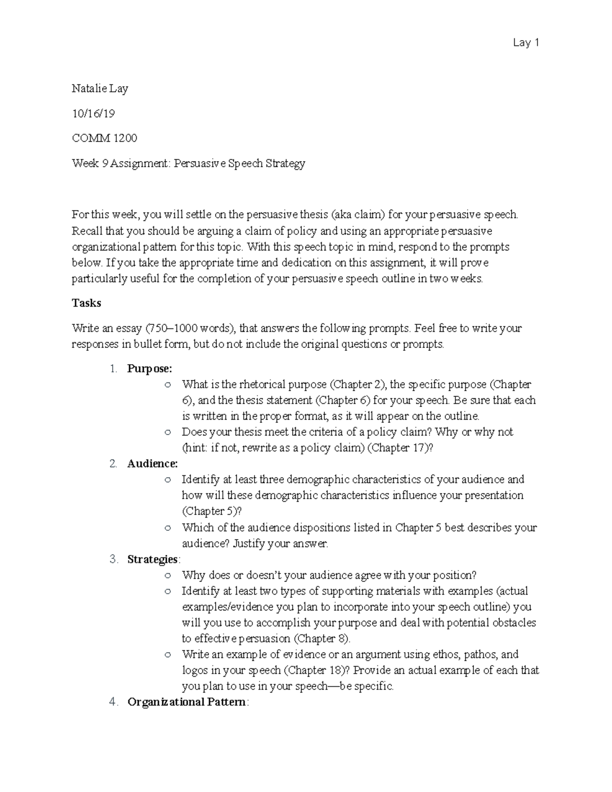 COMM 1200 Week 9 Persuasive Speech Strategy Assignment Guide - Studocu