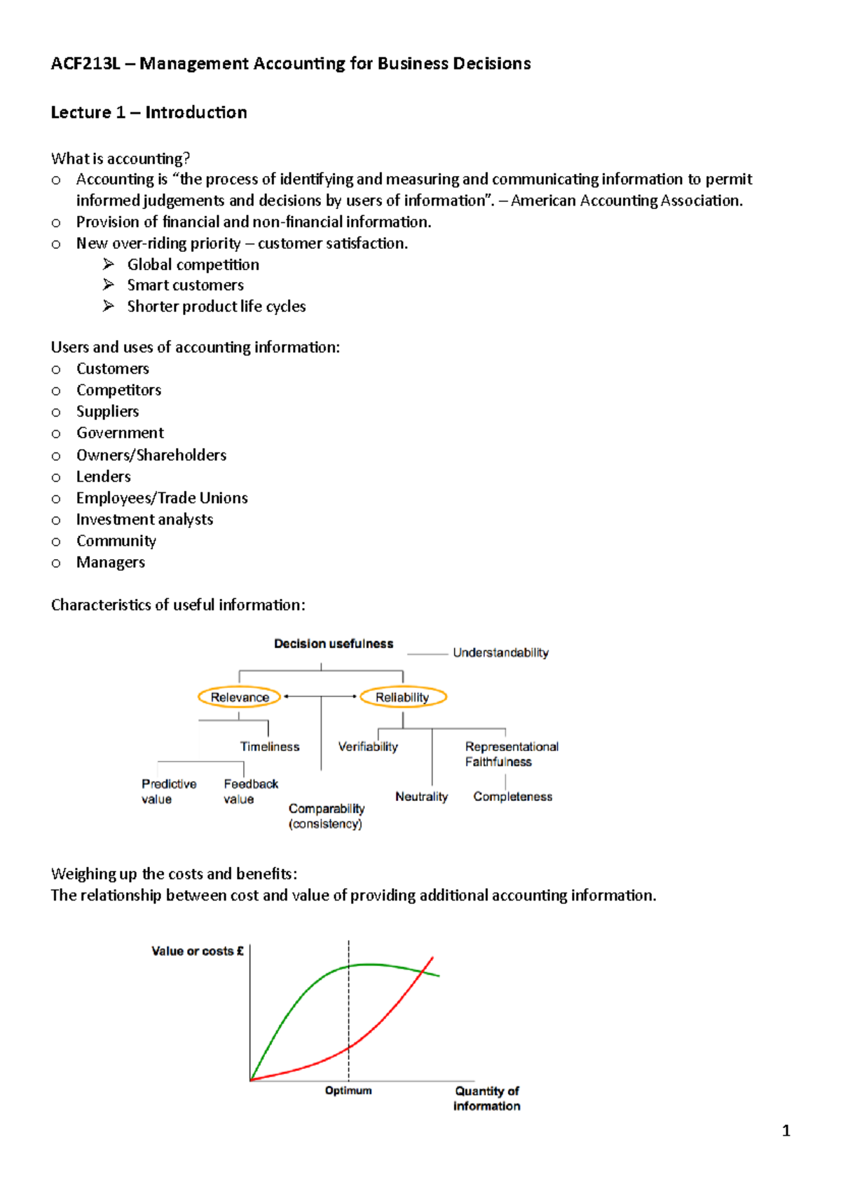 ACF213L – Management Accounting Lectures: Key Concepts & Analysis - Studocu