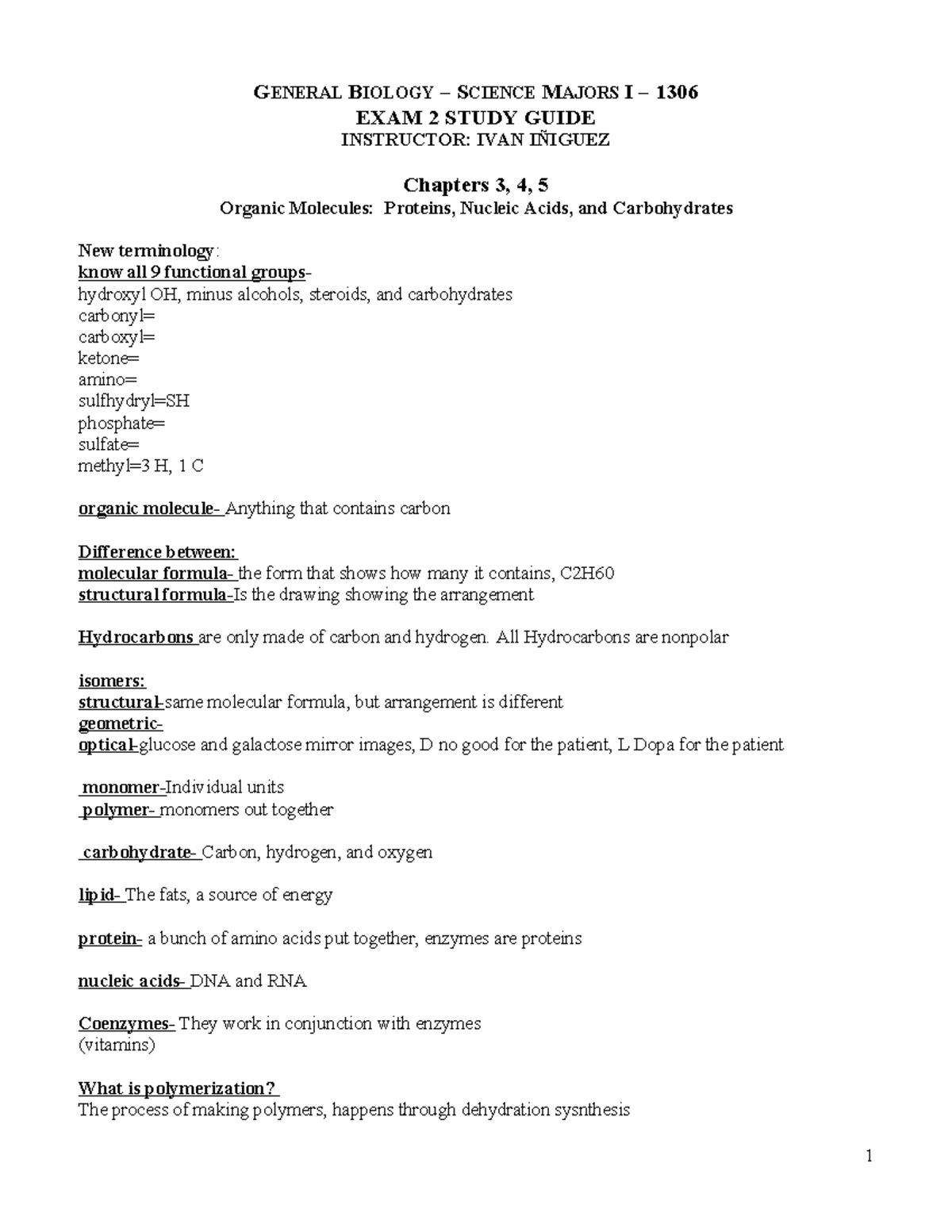 General Biology I 1306 Exam 2 Study Guide: Organic Molecules & Proteins ...