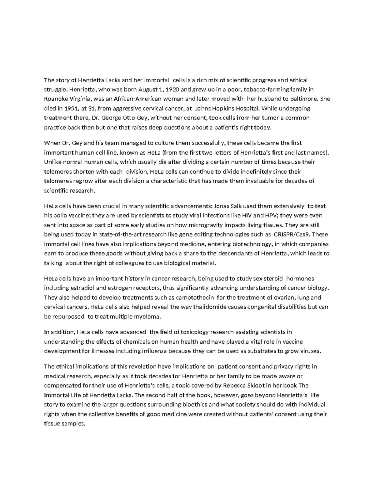 The Ethical Journey of HeLa Cells: A Study in GEN BIO PT - Studocu