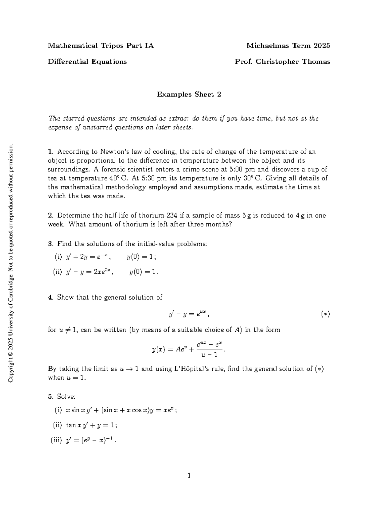 Mathematical Tripos Part IA: Differential Equations Examples Sheet 2 ...